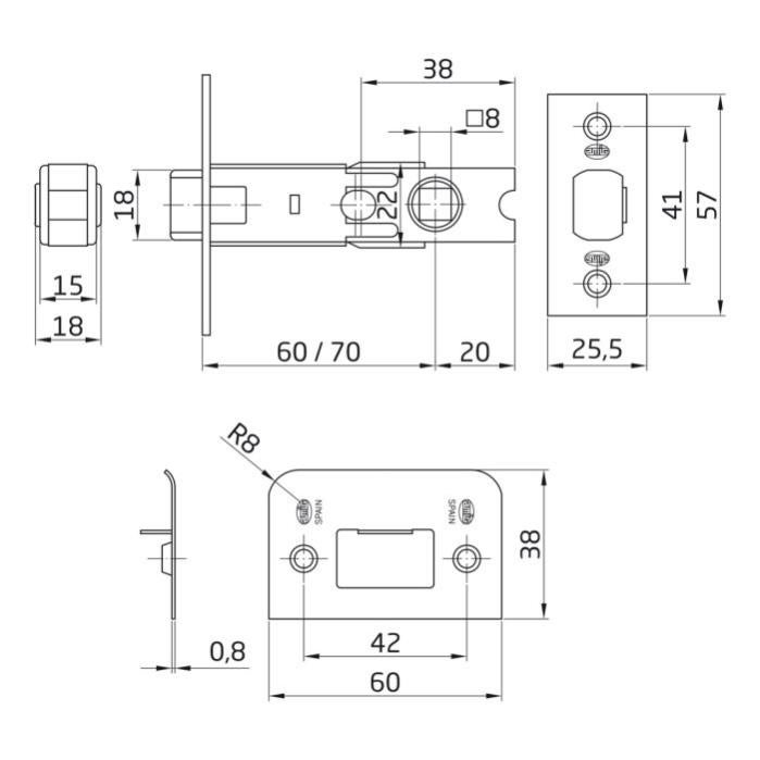 Picaporte tubular cuadrado latonado de 60 mm de entrada | Leroy Merlin
