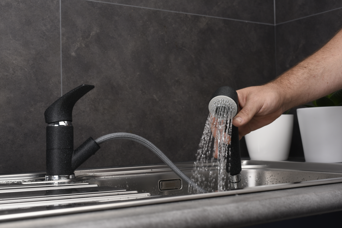 Grifo de cocina monomnado caño horizontal extraíble DELINIA Joel negro ...