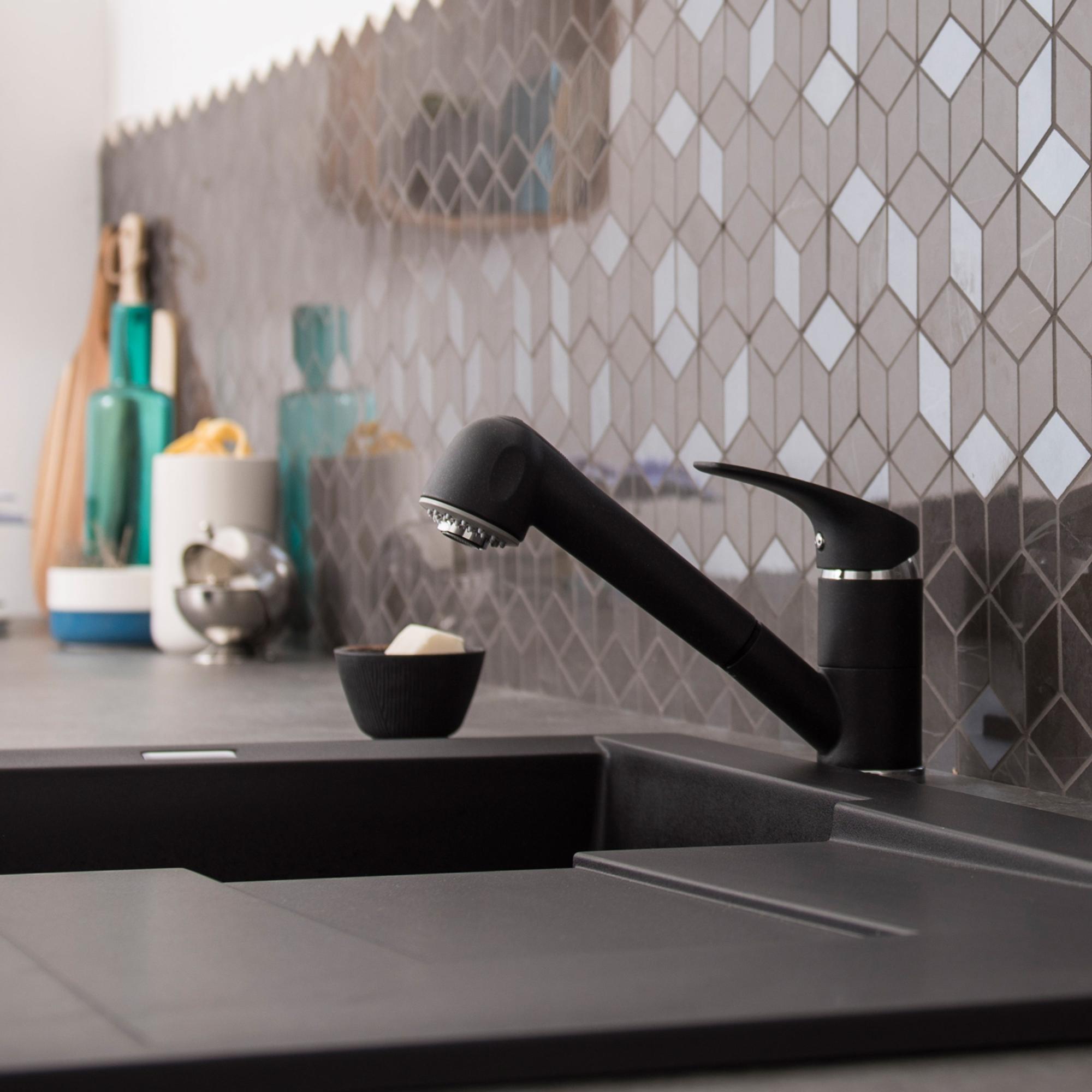 Grifo de cocina monomnado caño horizontal extraíble DELINIA Joel negro ...