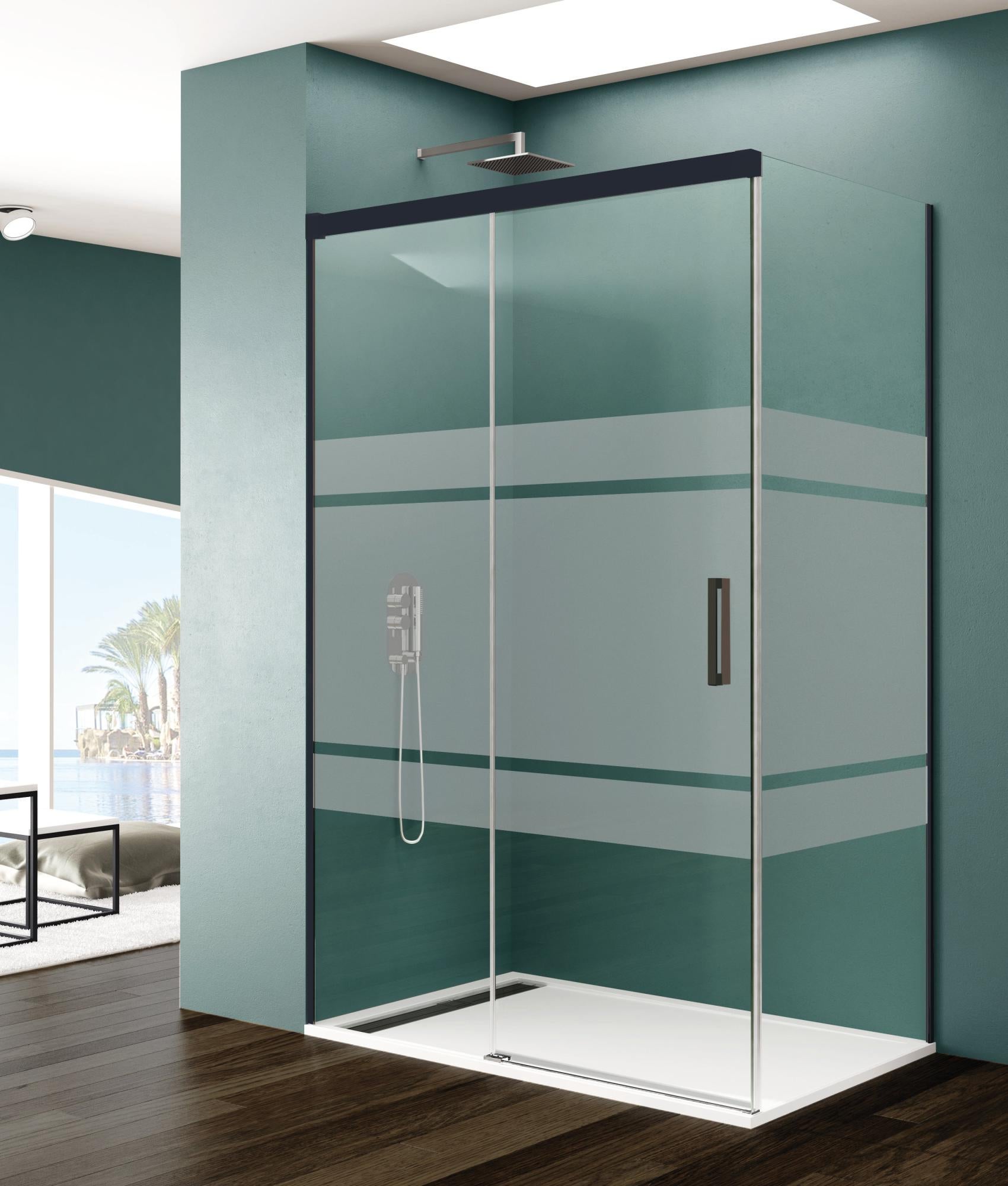 Mampara frontal y fijo lateral Bass serigrafiado perfil negro (77-79)x195 cm | Leroy Merlin