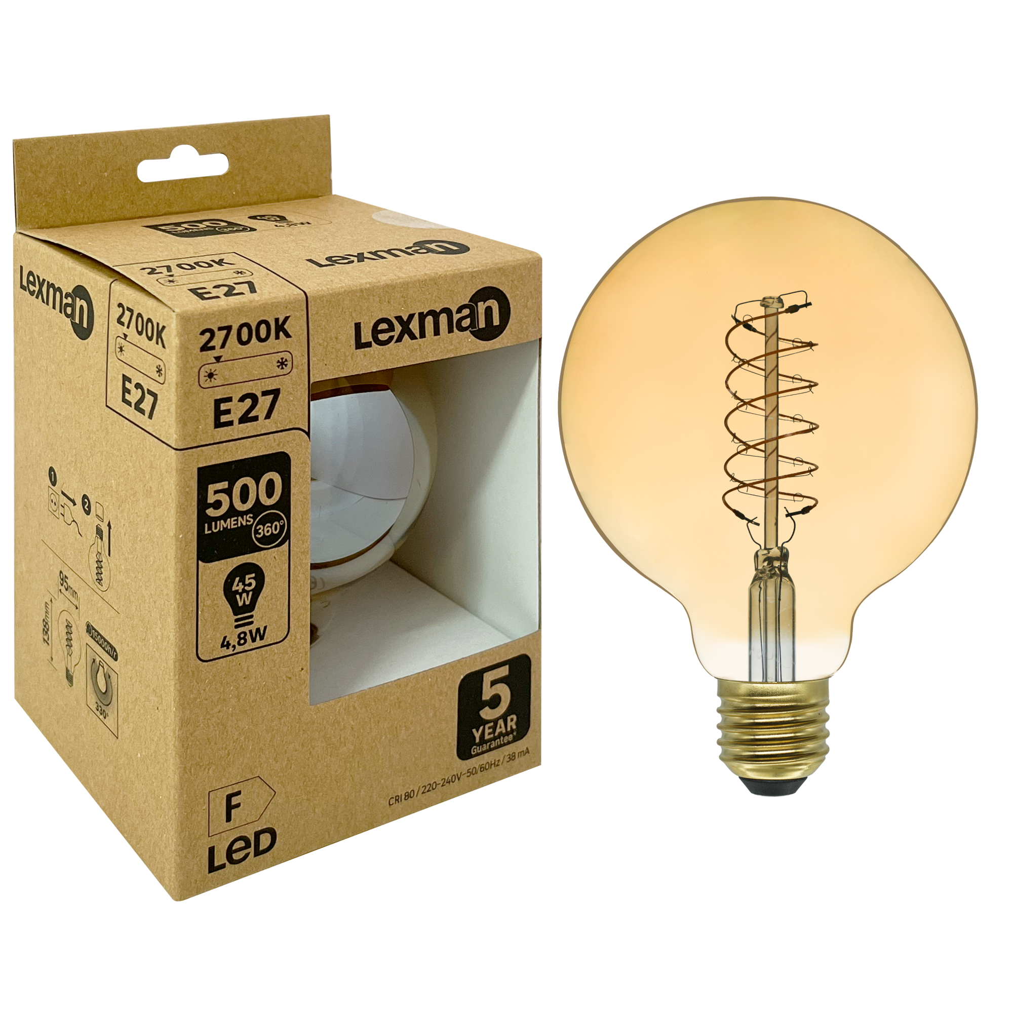 Bombilla LED filamento G95 E27 espiral 4.8W LEXMAN ambar | Leroy Merlin