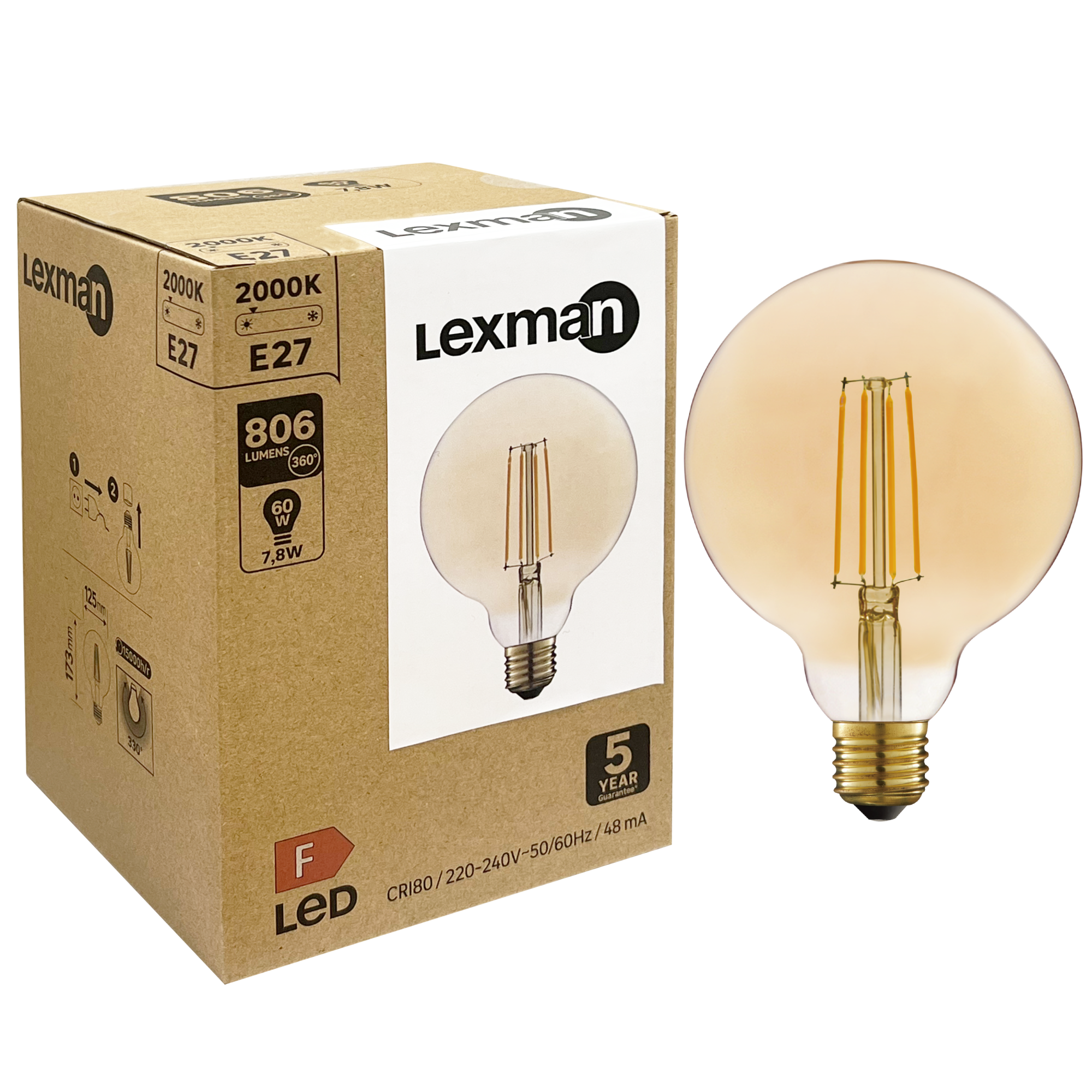Bombilla LED filamento G125 E27 7.8W LEXMAN ambar | Leroy Merlin