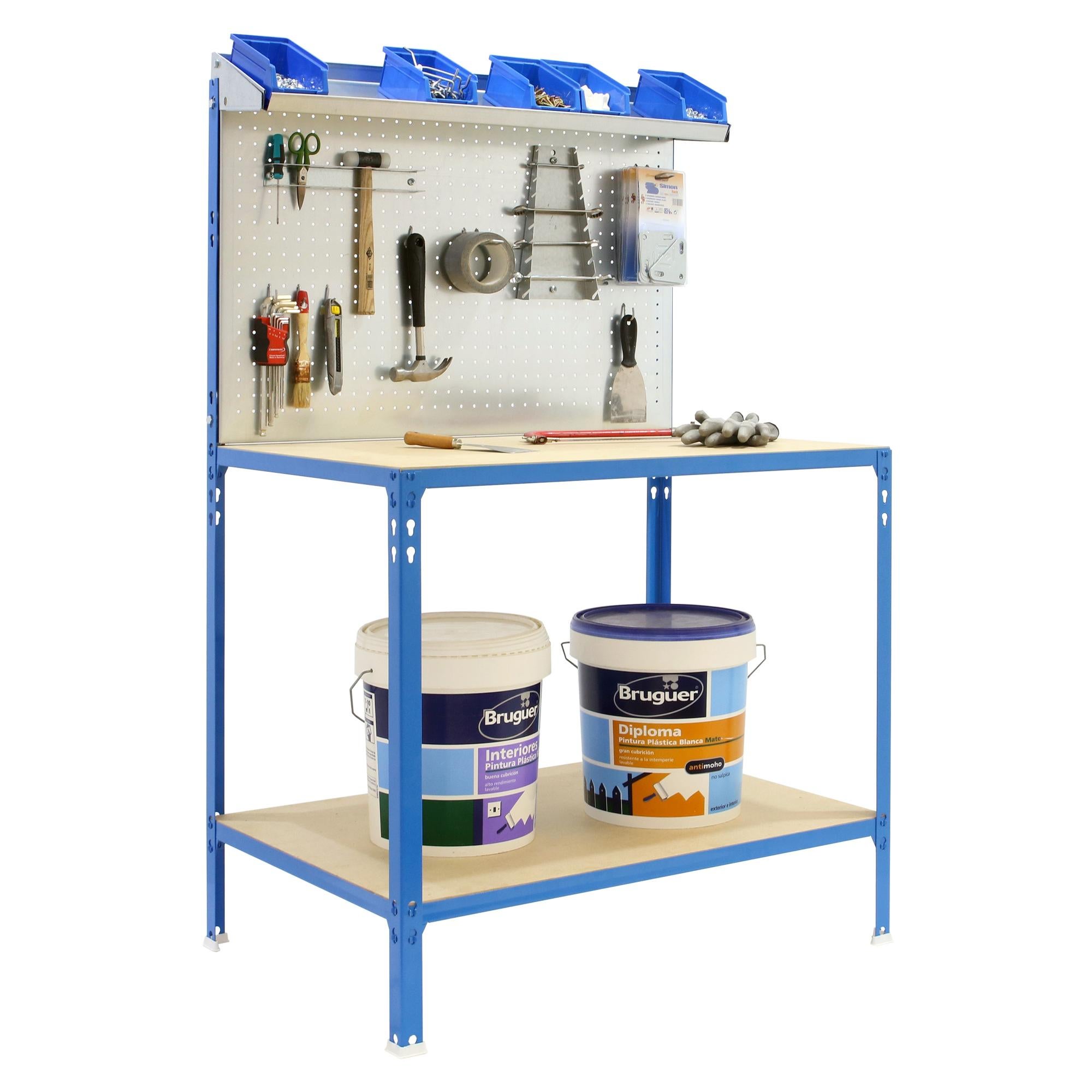 Banco de trabajo metálico 91x143x51 cm cm 2B + panel + estante superior ...