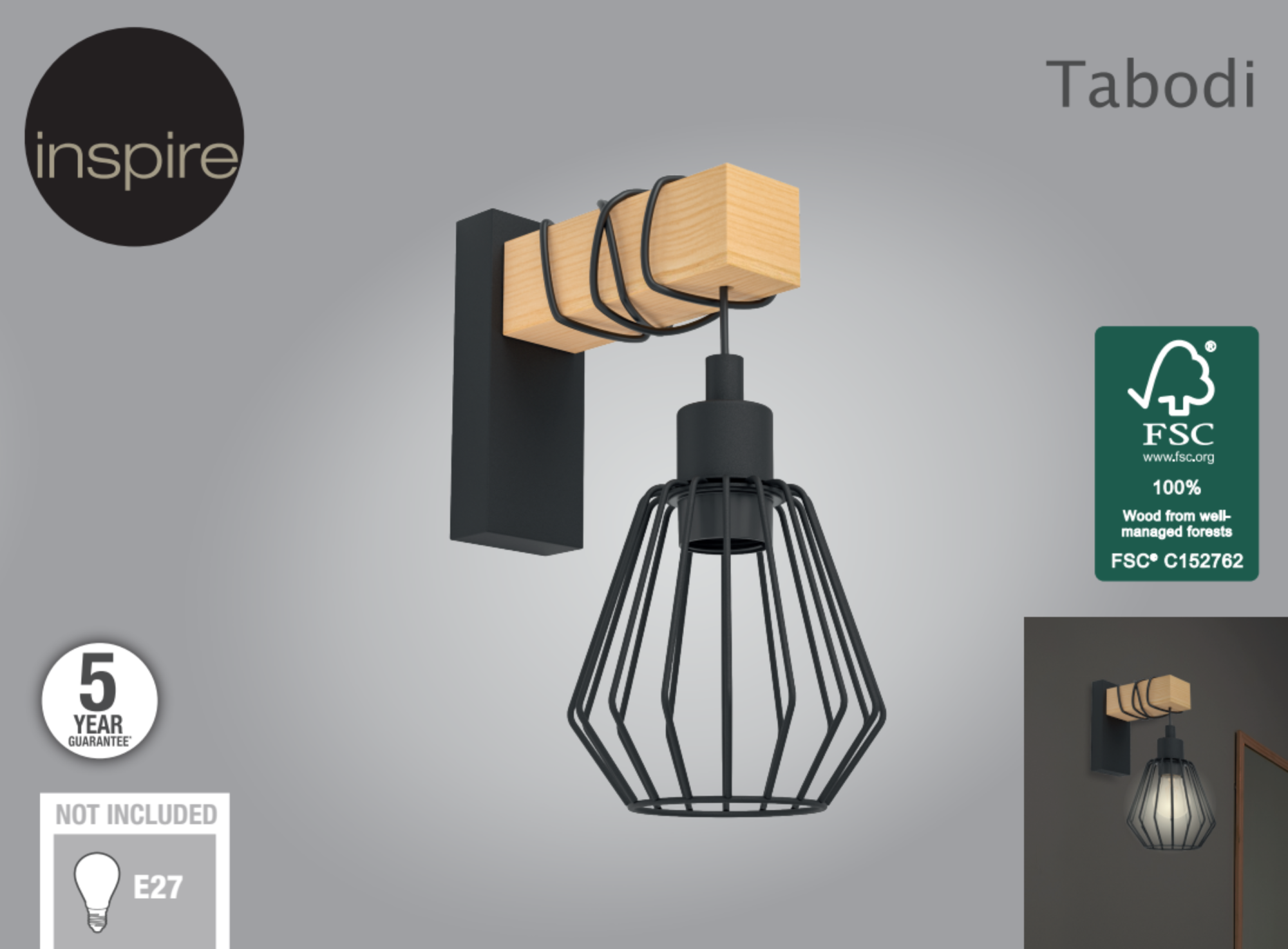 Aplique INSPIRE Tabodi E27 negro madera | Leroy Merlin