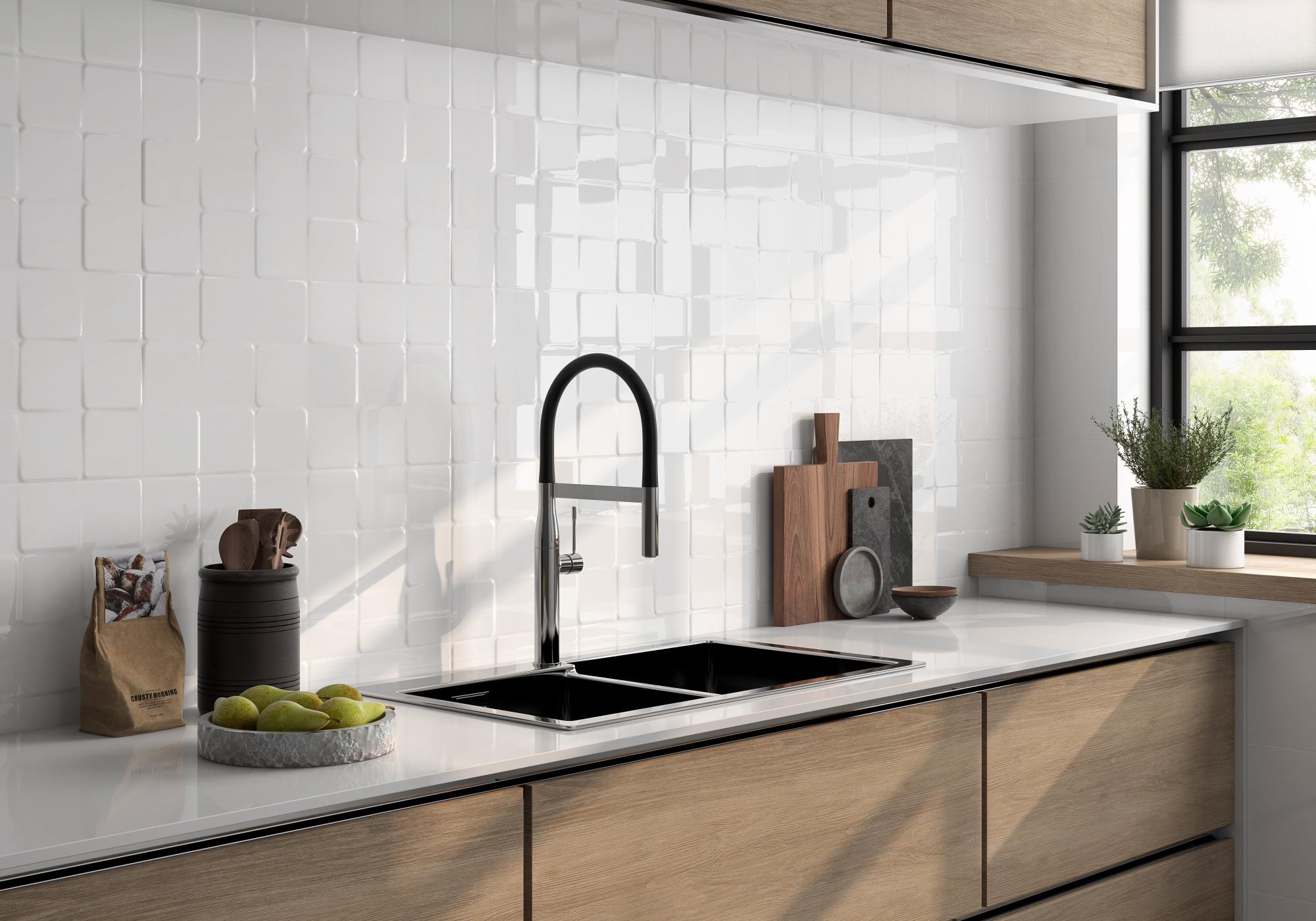 Azulejo cerámico Kubik efecto relieve blanco brillo 30x60 cm | Leroy Merlin