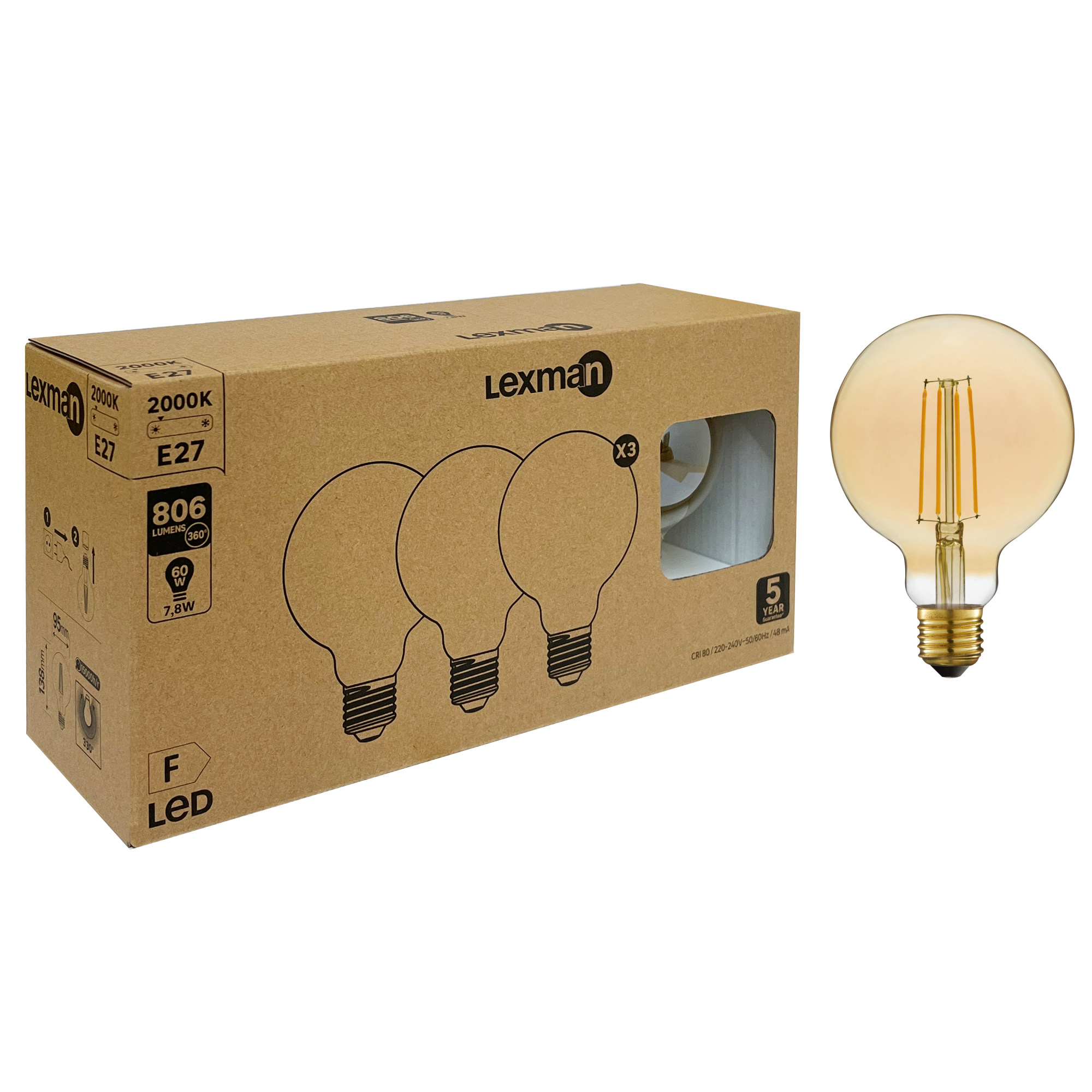 Kit de 3 bombillas LED filamento Lexman G95 E27 806 lm 7.8W 2000K ámbar ...