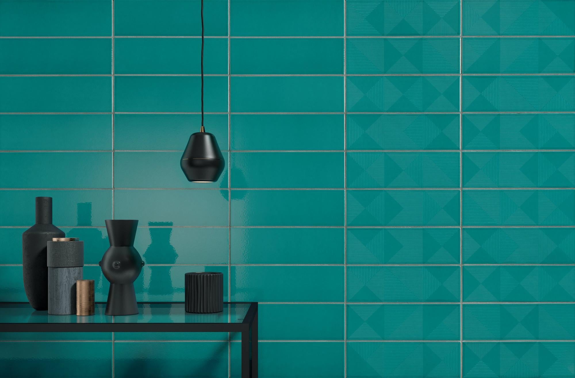 Azulejo efecto geométrico verde brillante 10x30 cm Crayon | Leroy Merlin