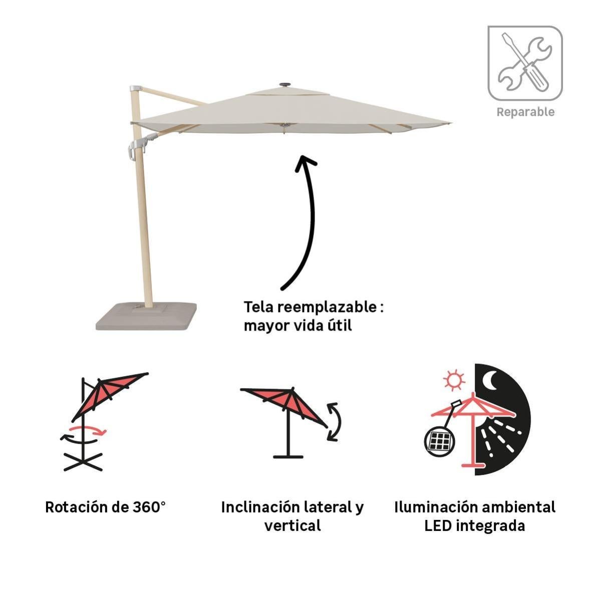 Parasol cuadrado NATERIAL Sonora II LED de aluminio blanco 290x290 cm ...