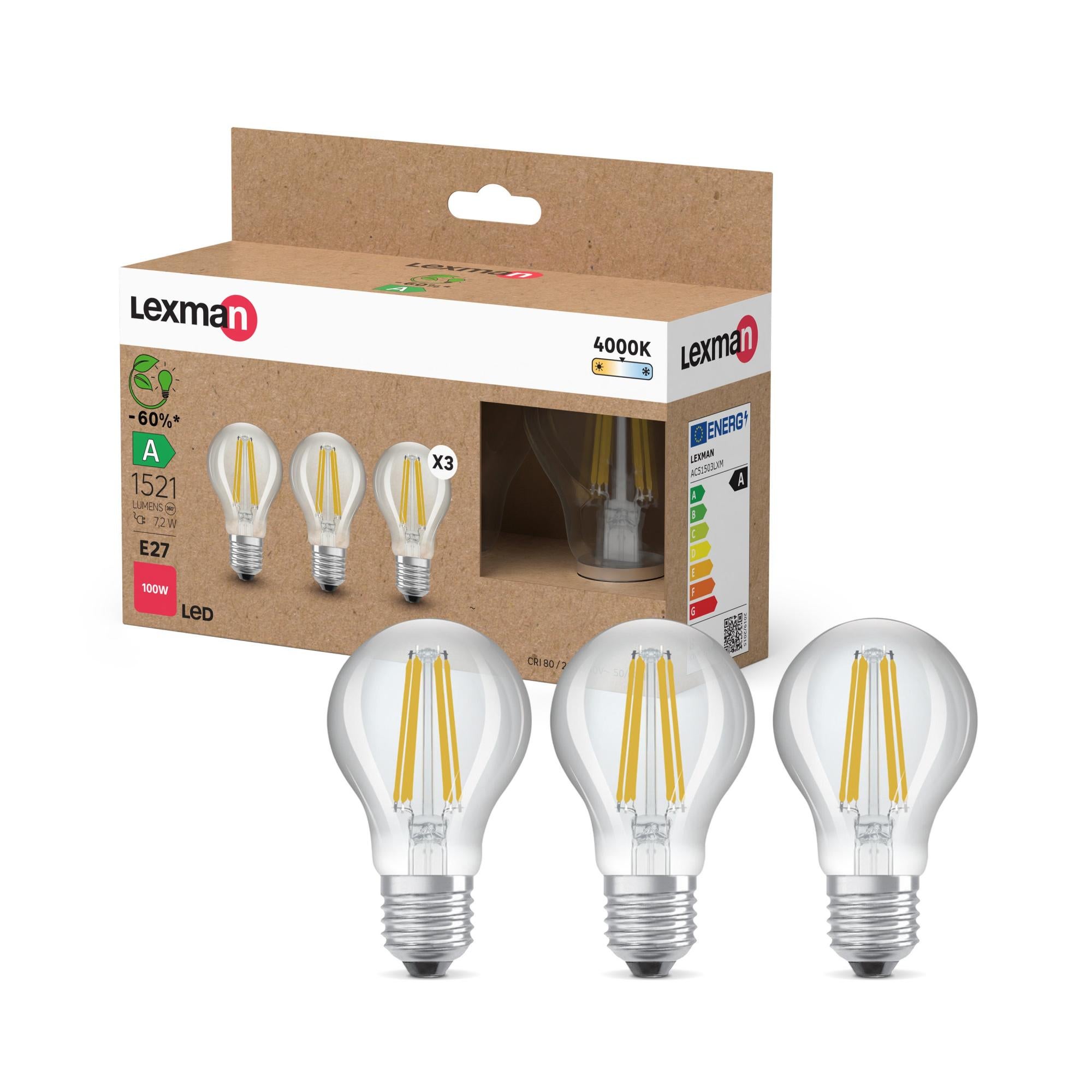 Pack de 3 bombillas LED filamento LEXMAN E27 Clase A 7.2W blanco neutro | Leroy Merlin