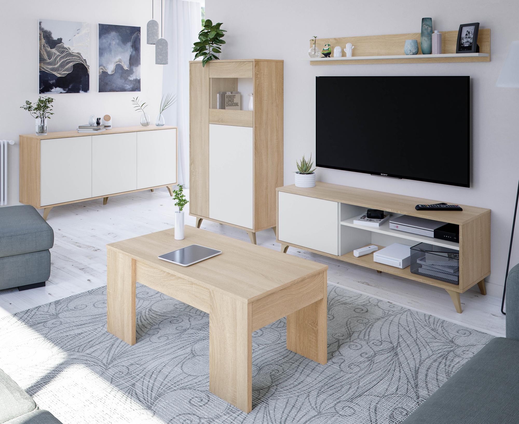 Aparador mueble auxiliar Kikua roble canadian y blanco artik 154x75x40 ...
