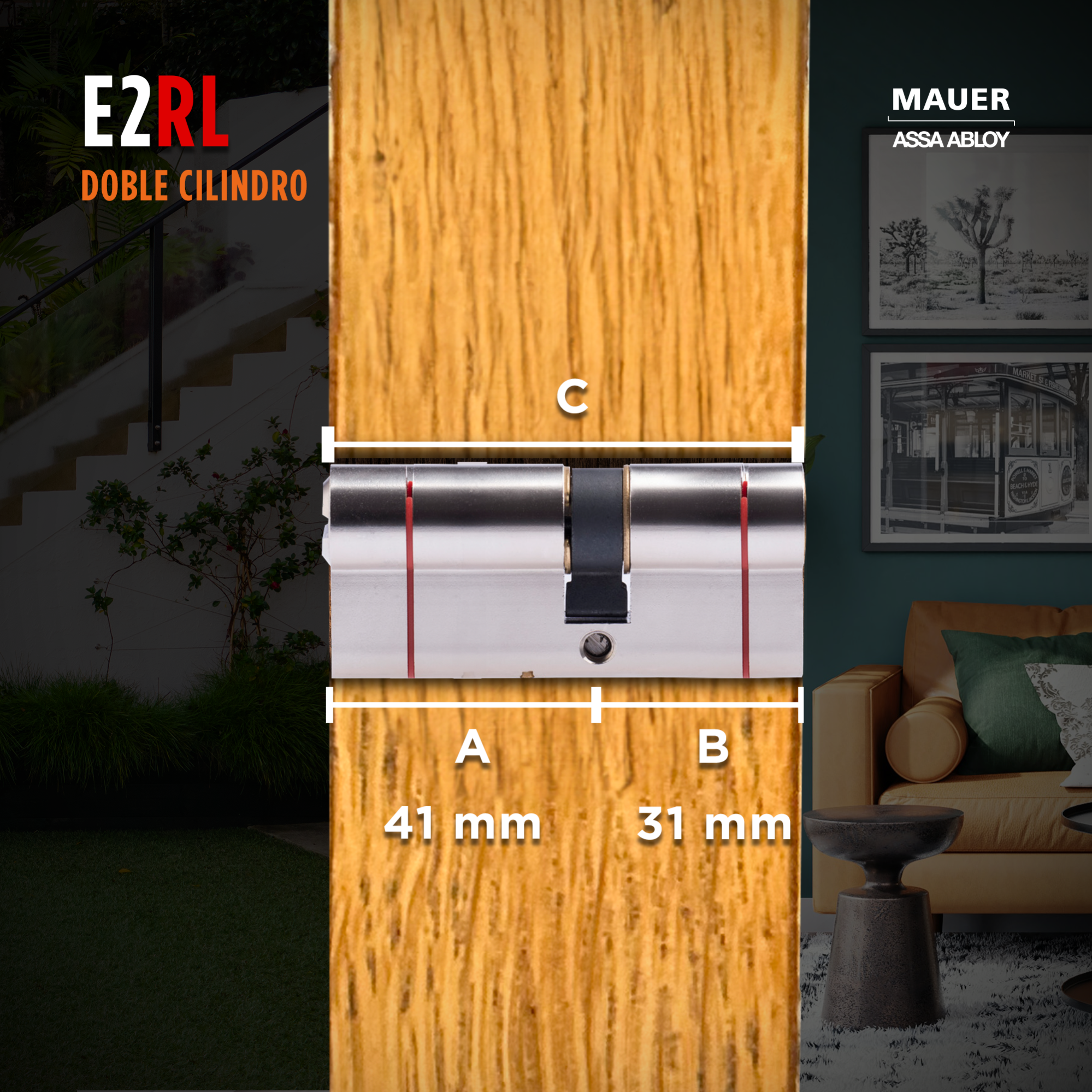 Cilindro perfil europeo (pera) de 31 + 41 mm MAUER ASSA ABLOY niquelado ...