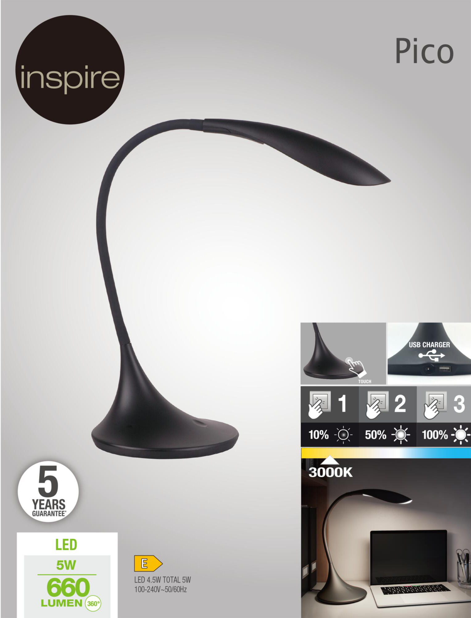 Flexo LED INSPIRE Pico negro 4.5W 3000K con 3 intensidades y usb ...
