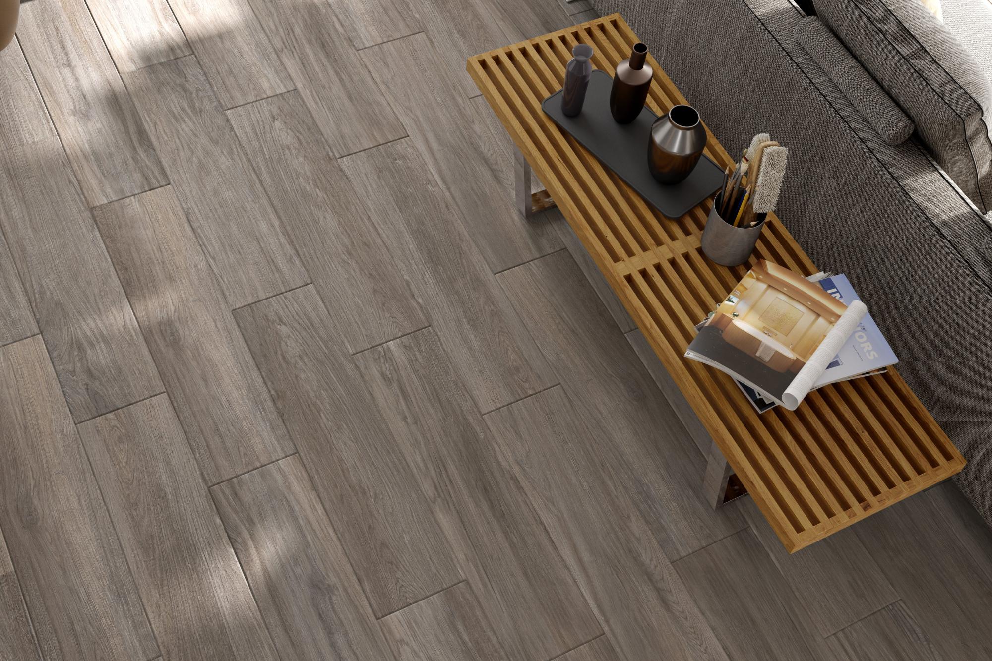 Suelo porcelánico Loreto efecto madera taupe 22.5x90 cm C3 | Leroy Merlin