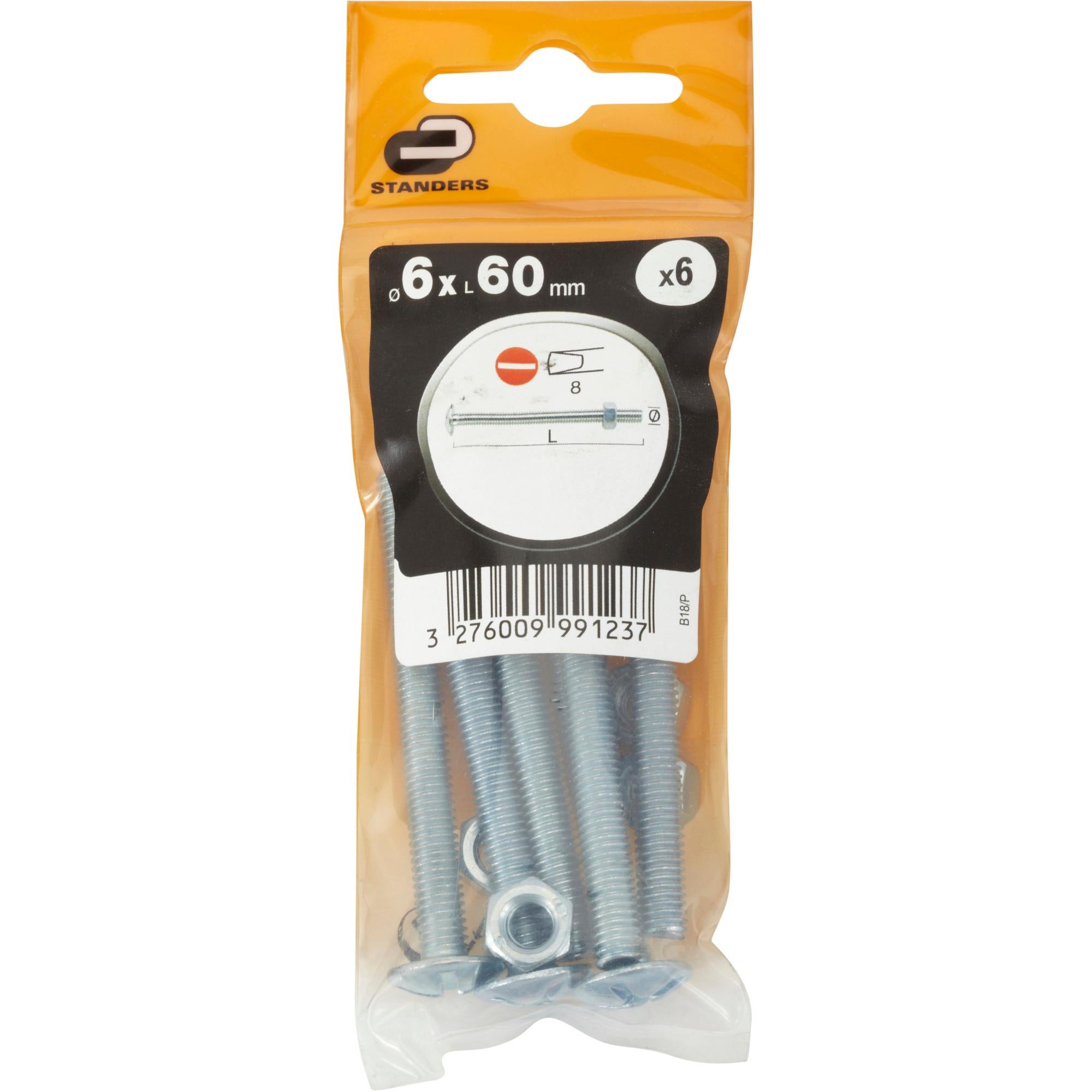 Lot de 6 boulons poêlier acier zingué, L.60.0 x Diam.6 mm STANDERS ...