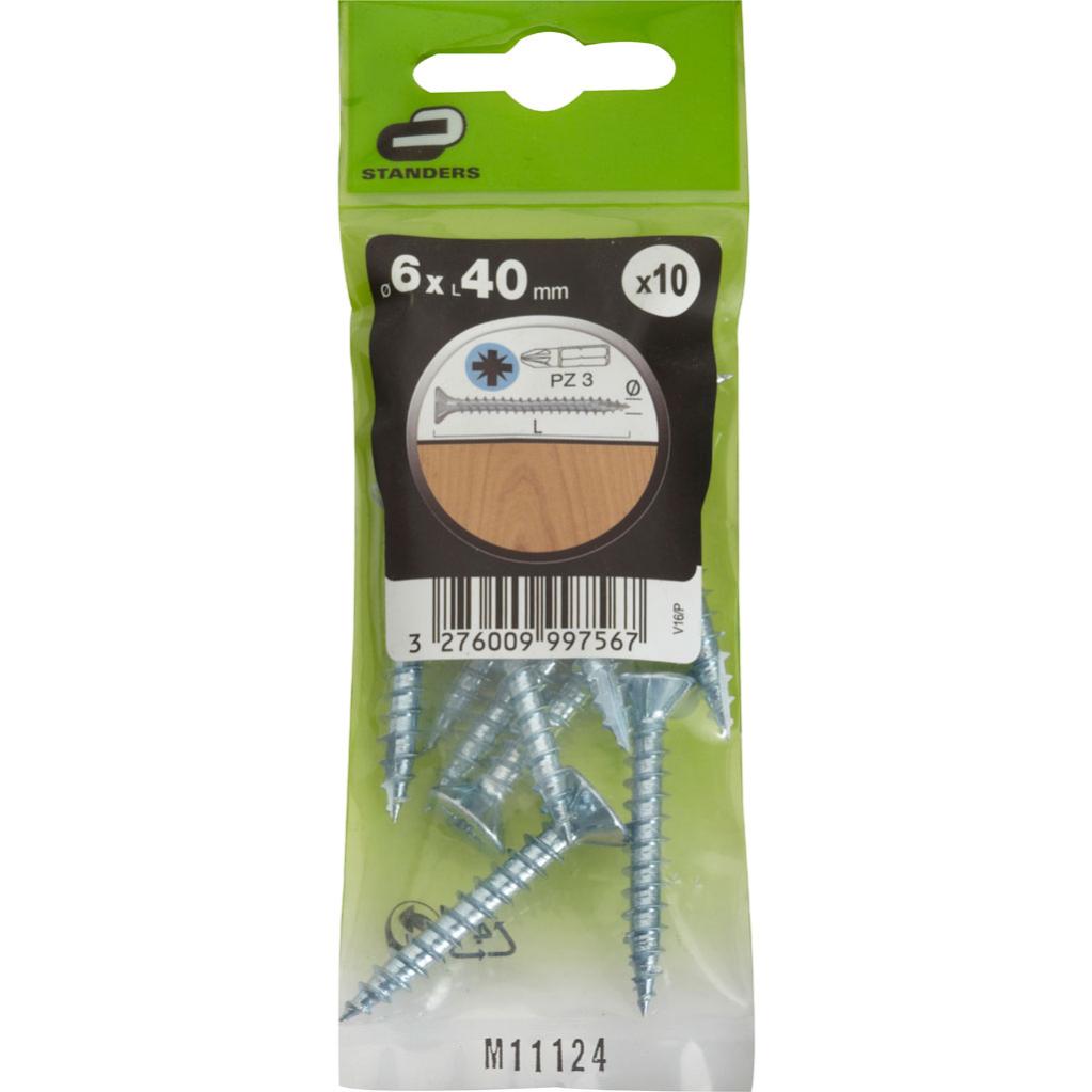 Lot de 10 vis acier tête fraisée pozidriv STANDERS, Diam.6 mm x L.40 mm | Leroy Merlin