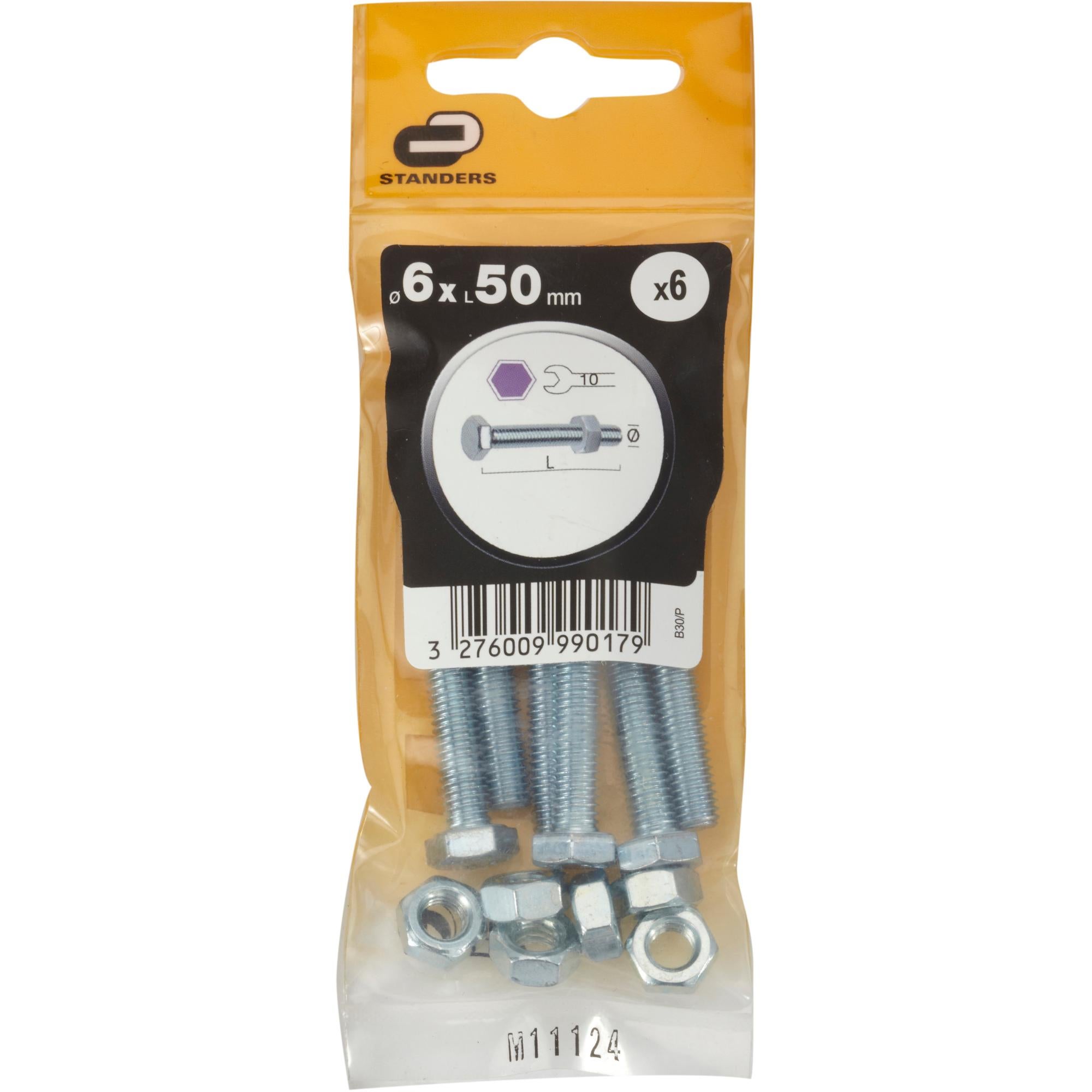 Lot de 6 boulons tête 6 pans acier zingué, L.50.0 x Diam.6 mm STANDERS ...