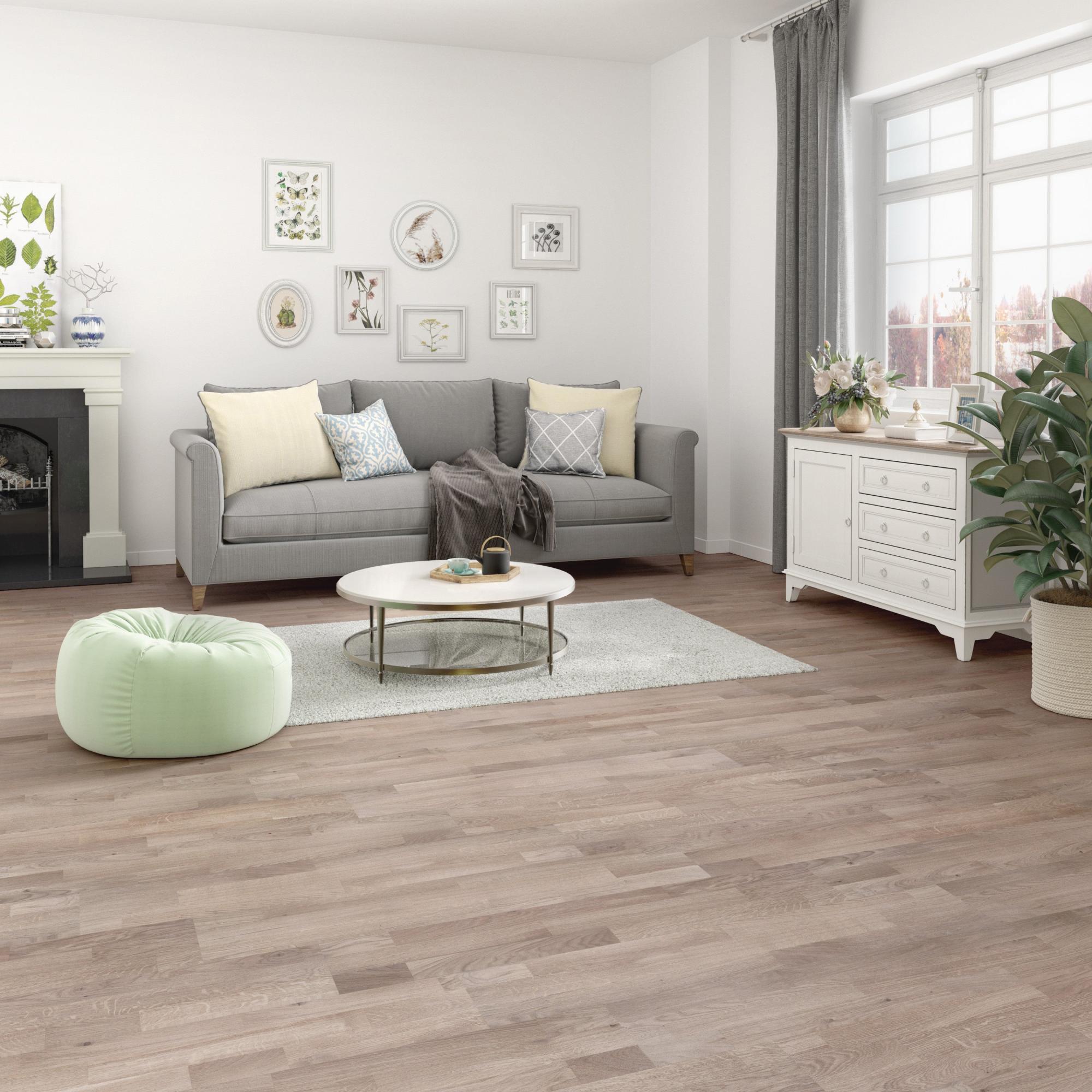 Parquet contrecollé medio chêne gris clair vernis brossé 3 frises l ...