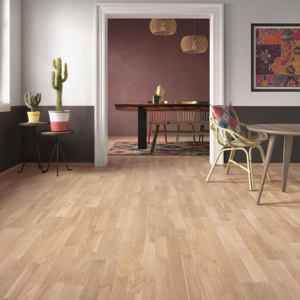 Parquet contrecollé medio chêne cérusé blanchi vernis brossé 3 frises ...