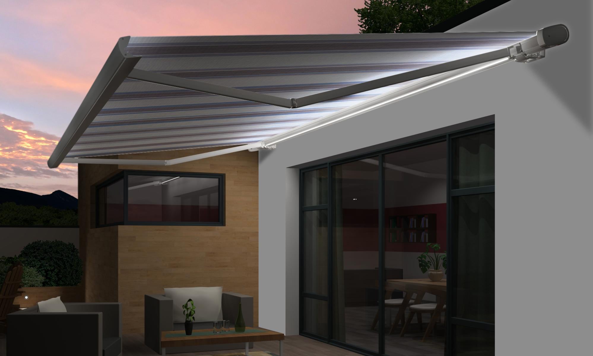 Store banne motorisé 4 x 3.5 m LED bleu iris, Gold2 XL, toile acrylique ...