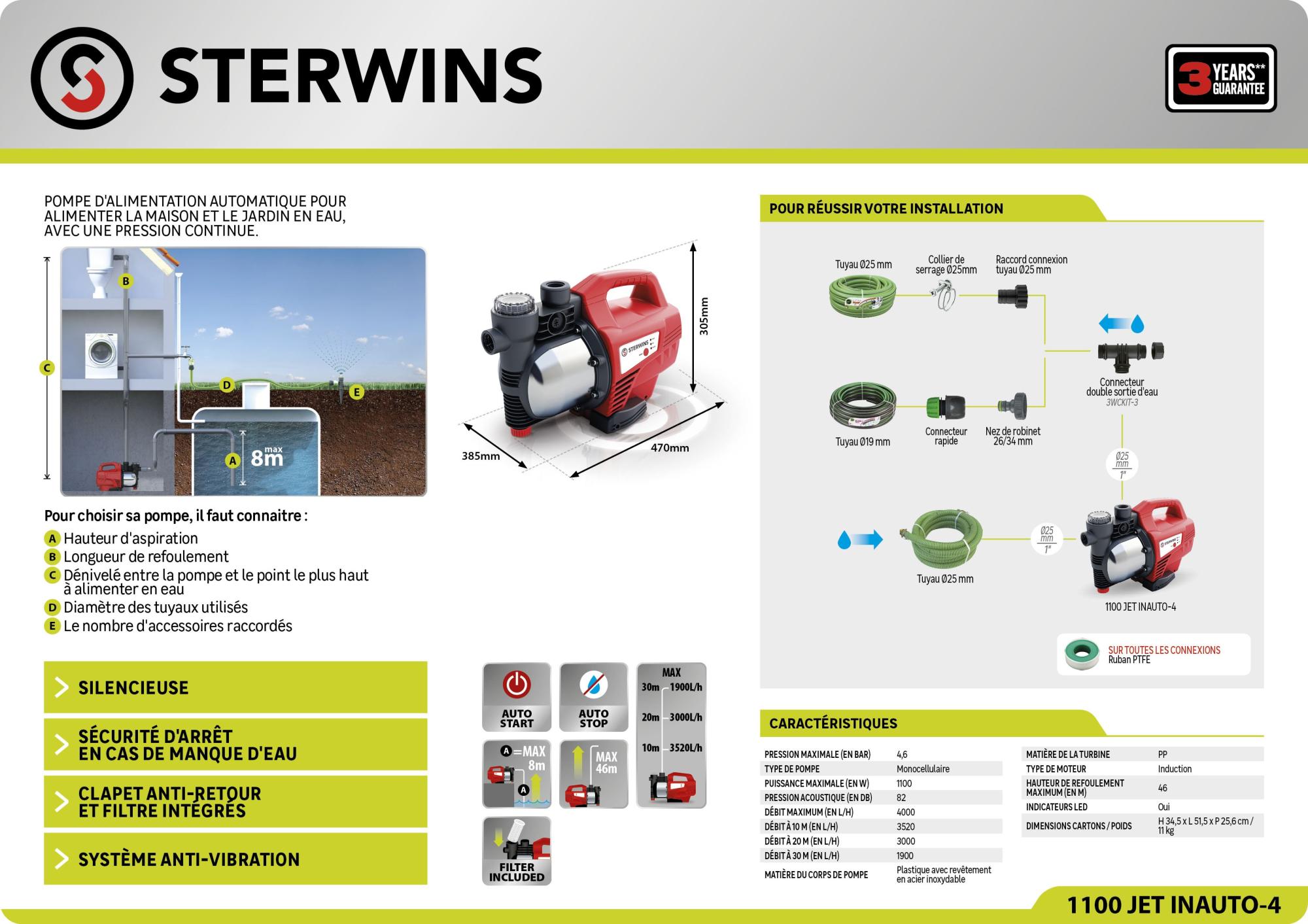 Pompe automatique STERWINS, 1100 jet inauto-4 4000 l/h | Leroy Merlin