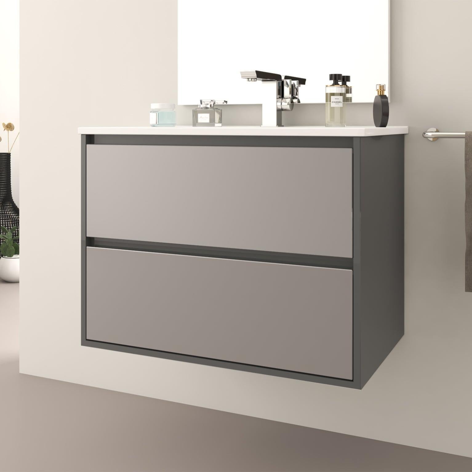 Meuble simple vasque l.74 x H.55 x P.46 cm, anthracite/facades grises ...