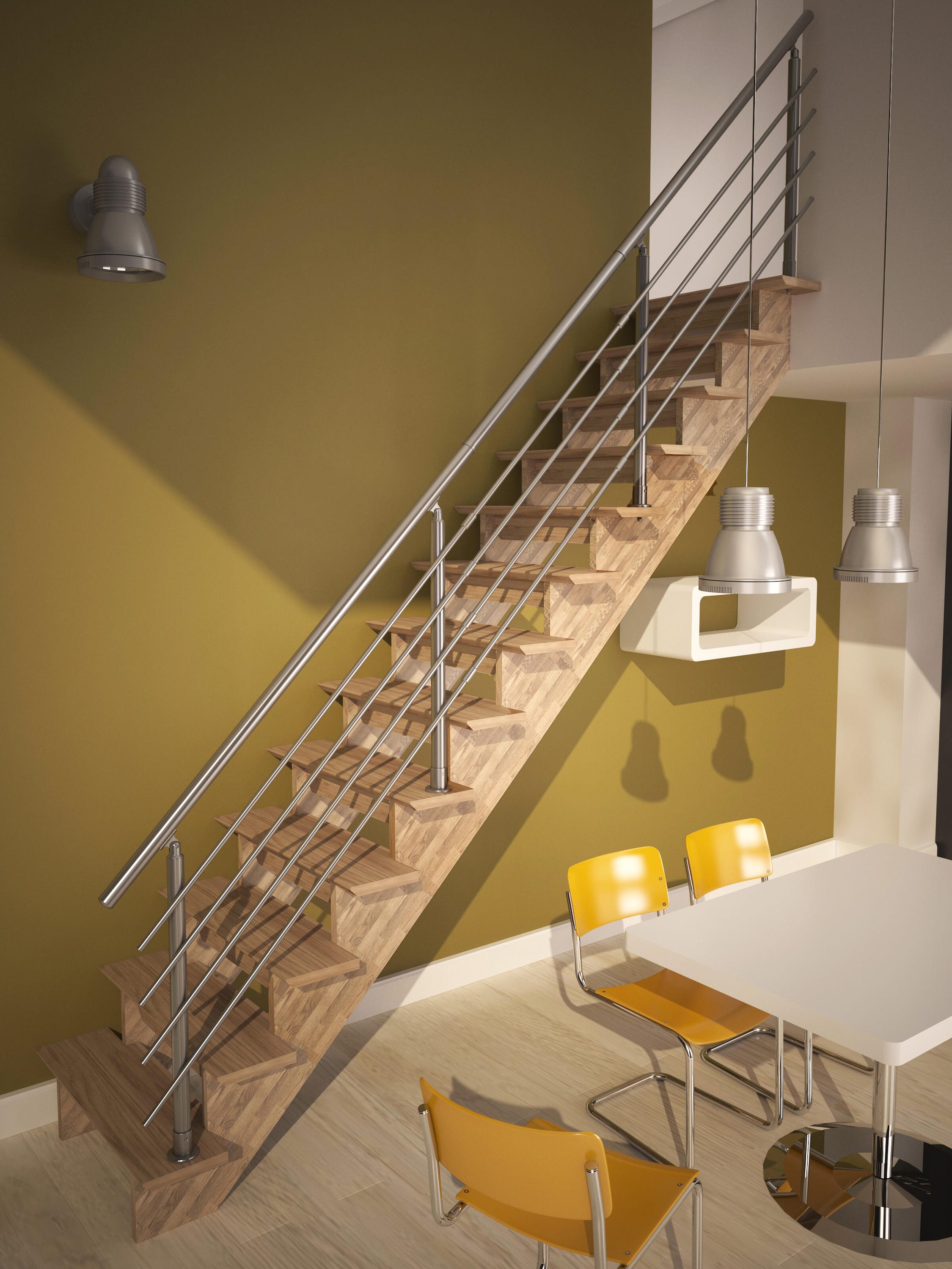 Escaliers Droits Bois Chêne Auvergne 13 Marches Rampe Alu L 85 Cm