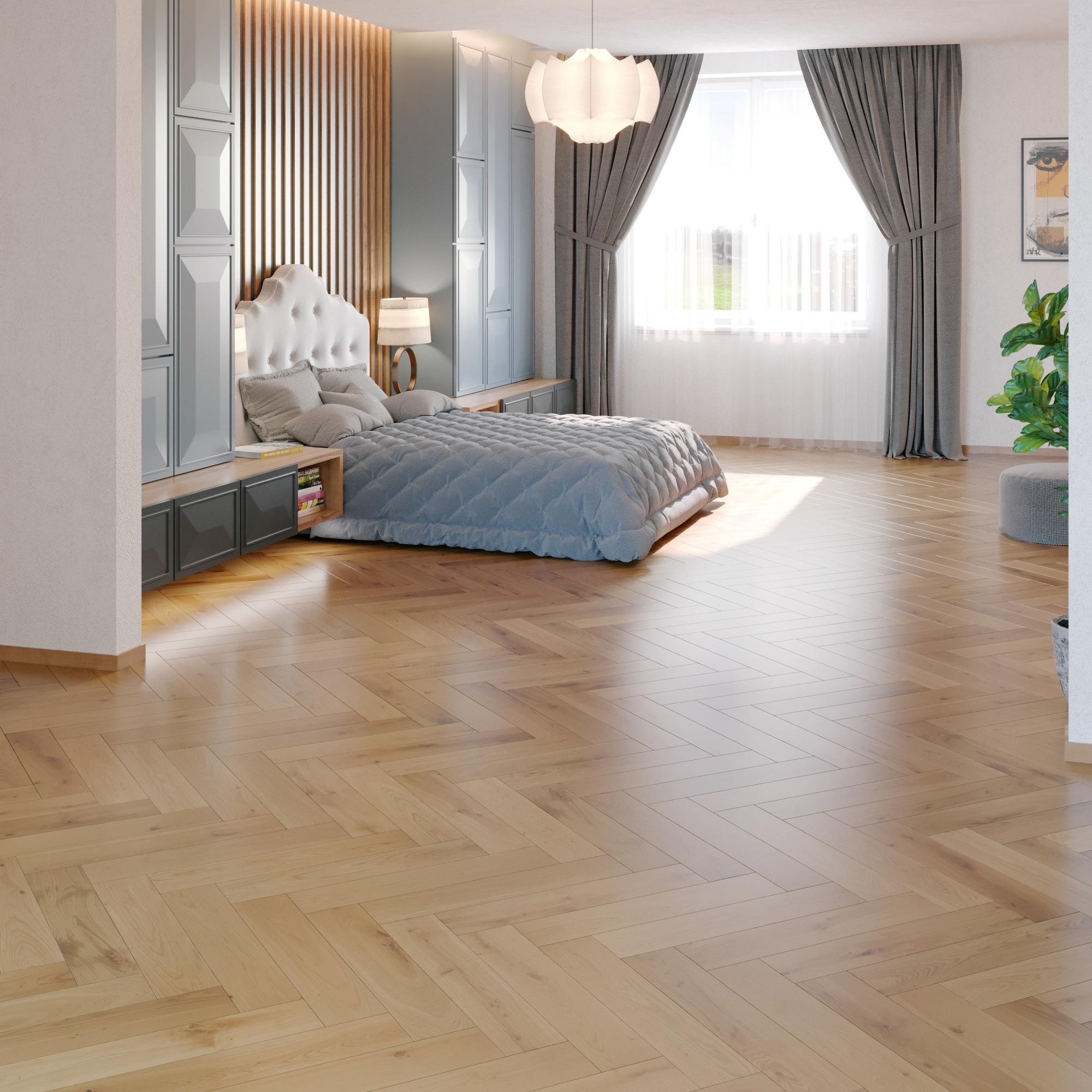 Parquet bois massif chêne blond vitrifié bâton rompu, l.10 cm | Leroy ...