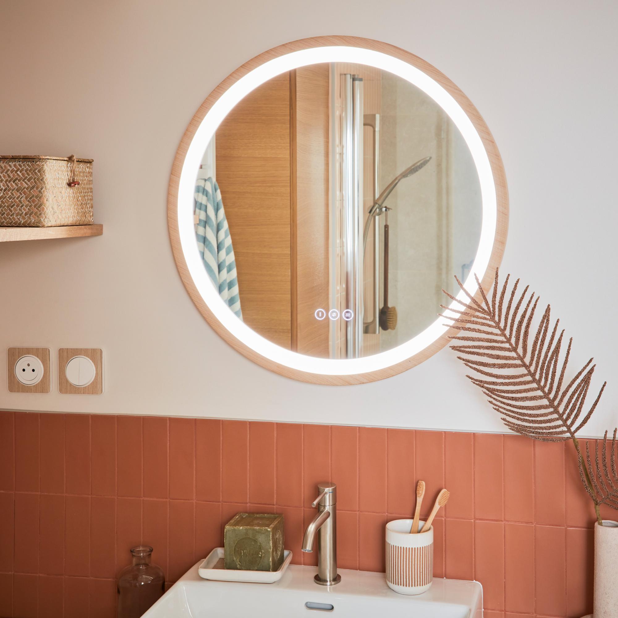 Miroir lumineux rond effet chêne Diam.60 cm Swann, Tactile, Anti-buée ...