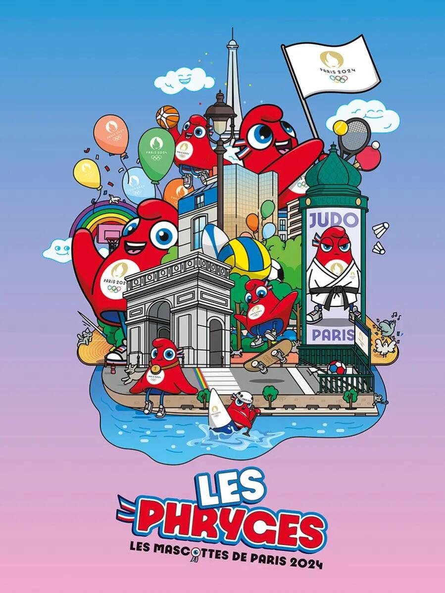 Affiche JO officiel Phryges bleues roses, multi couleurs EDITOR l.40 x ...