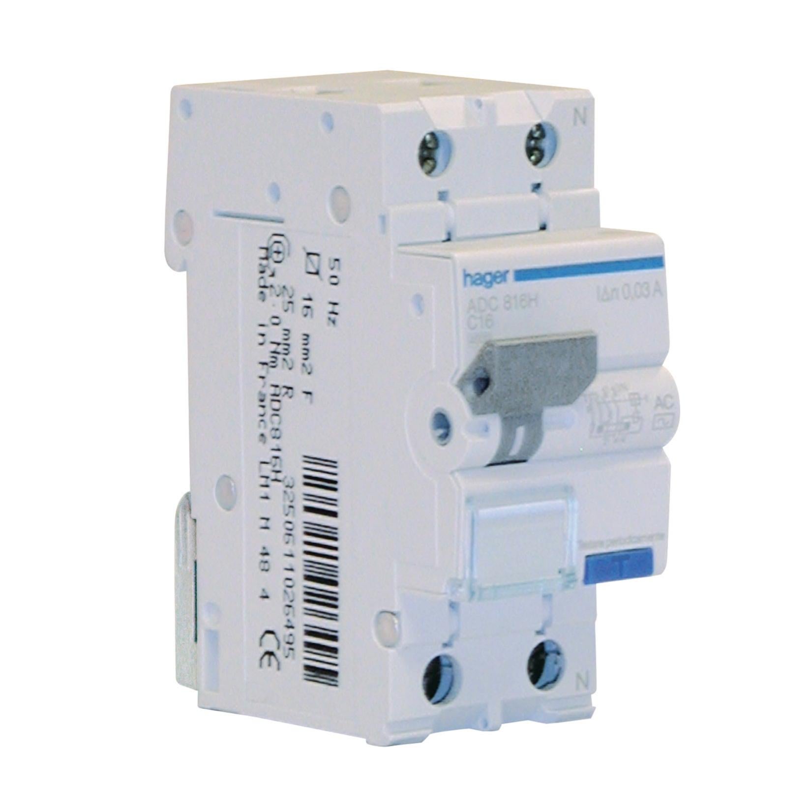 Interruttore magnetotermico differenziale HAGER HAGADC816H 1 polo 16A 4.5kA AC 2 moduli 230V ...