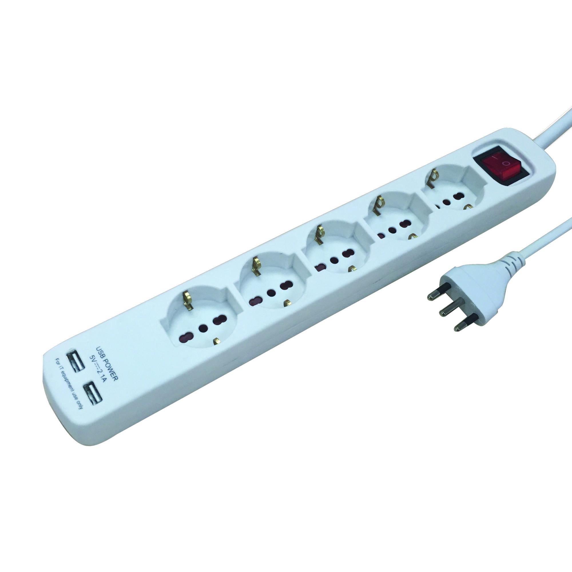 Multipresa on-off 5 posti, 5 prese universali, 2 USB, spina 16 A, con ...