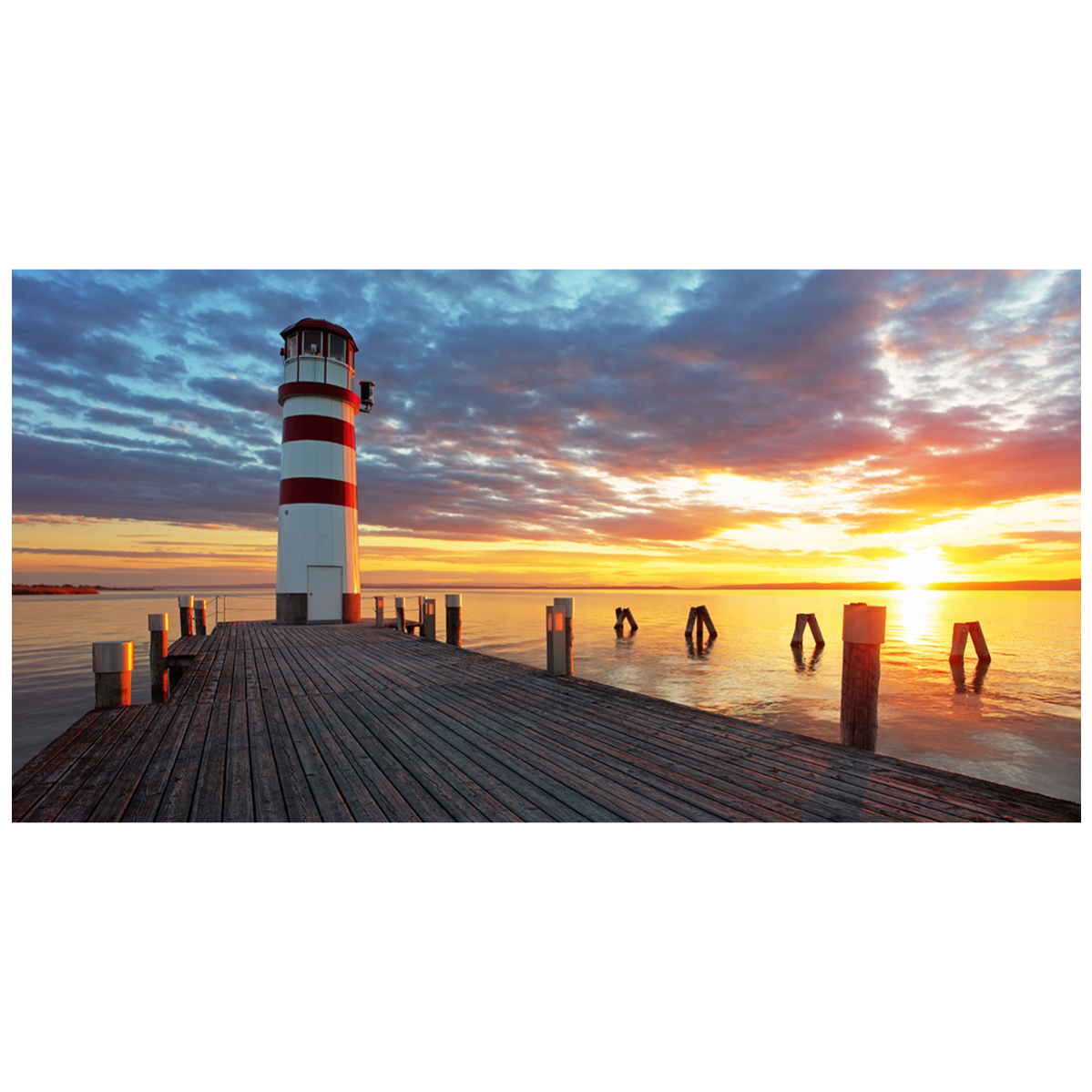 Quadro dipinto su tela Faro sul molo al tramonto 145x75 cm | Leroy Merlin