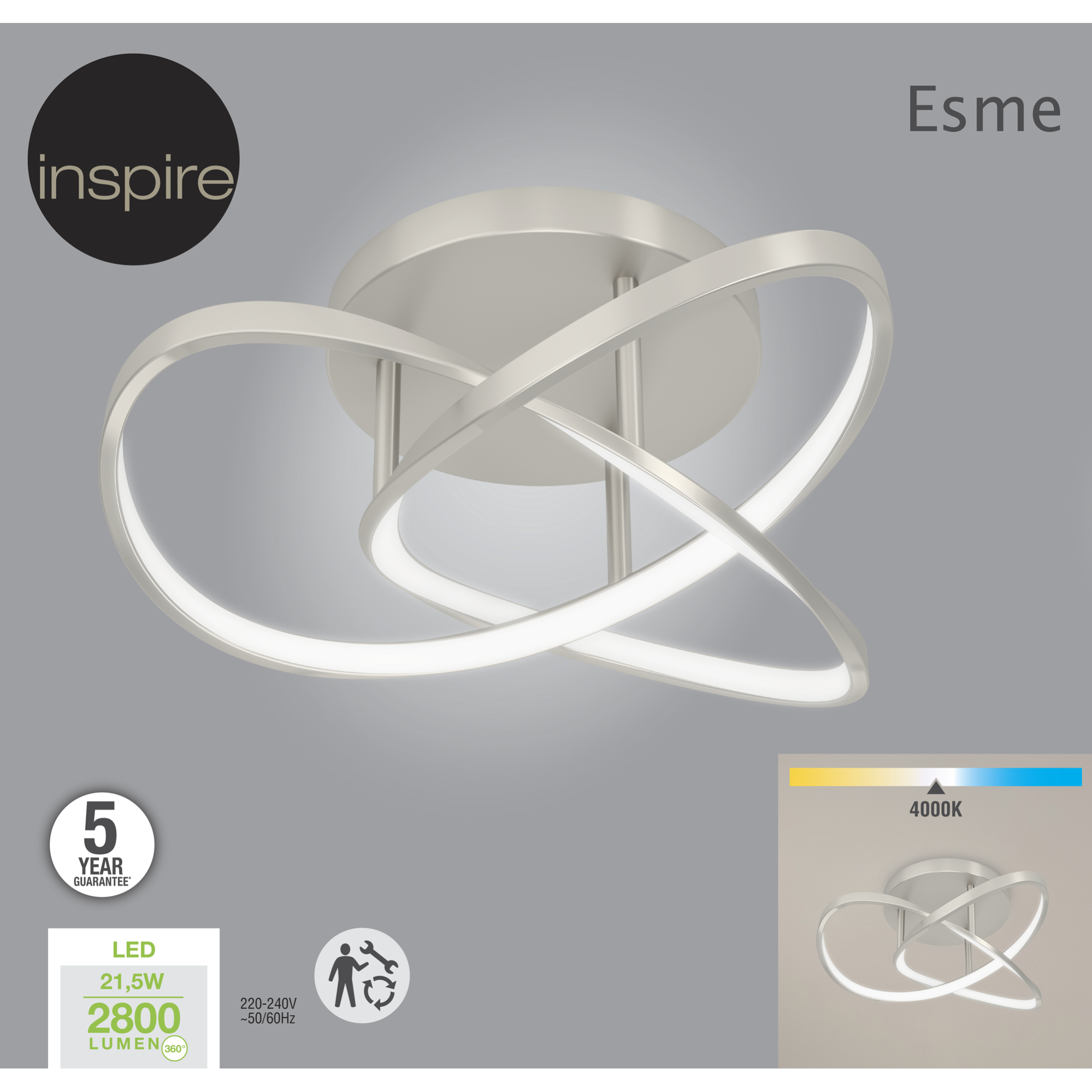 Plafoniera LED moderno Esme, argento, luce naturale, 2800 LM INSPIRE ...
