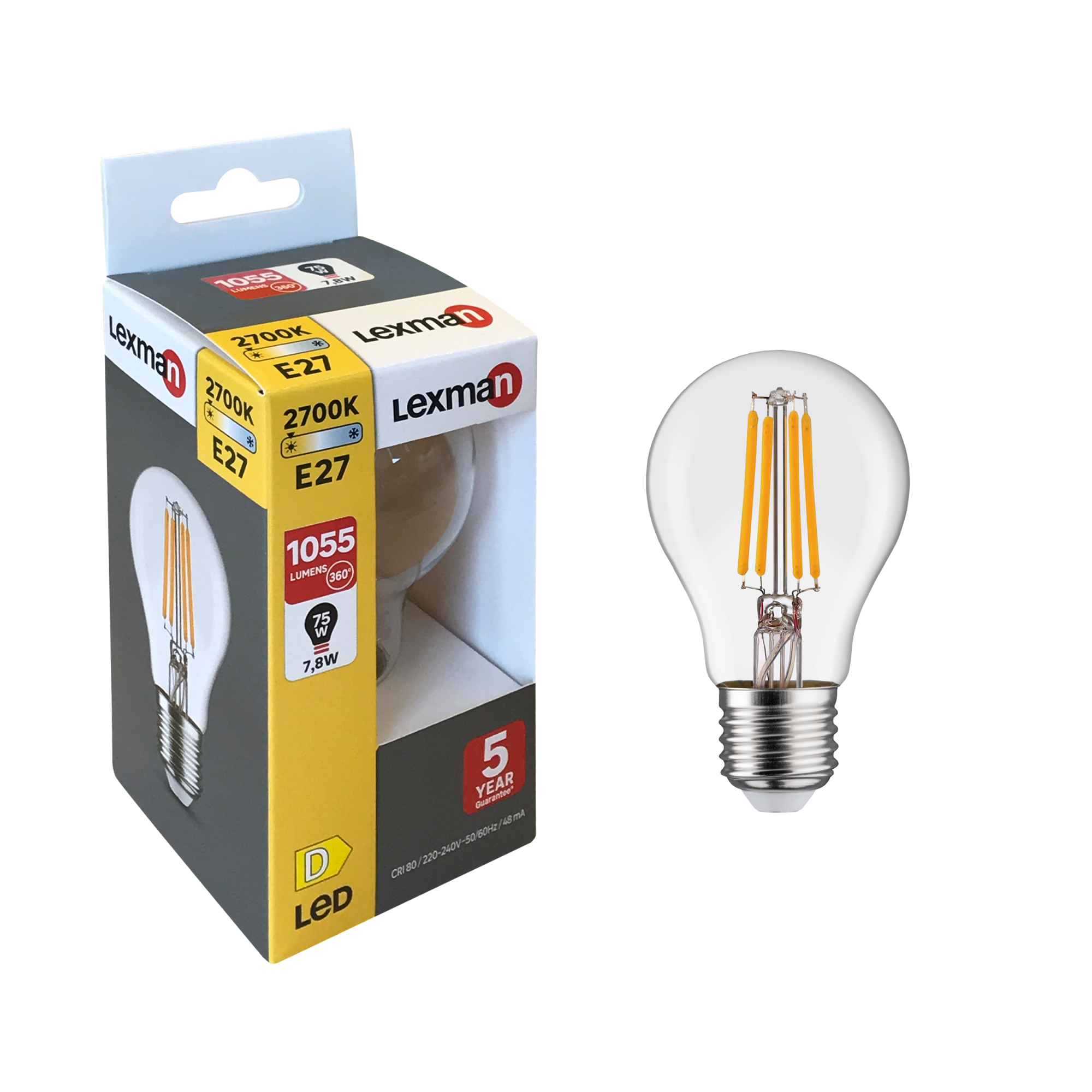 Lampadina LED filamento, E27, goccia, trasparente, luce calda, 7.8W=1055LM (equiv 75 W), 320 ...