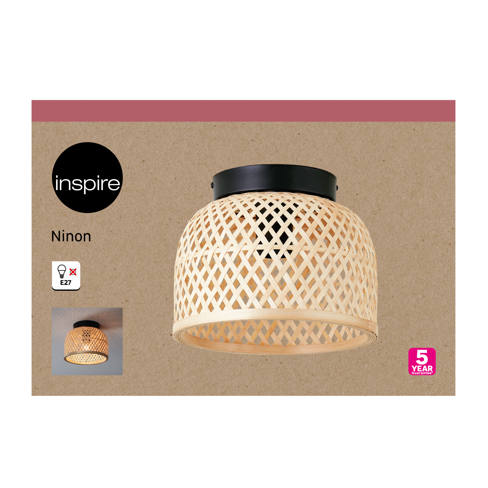 Plafoniera natura Ninon beige, in bambù, D. 25 cm 25x25 cm, INSPIRE ...