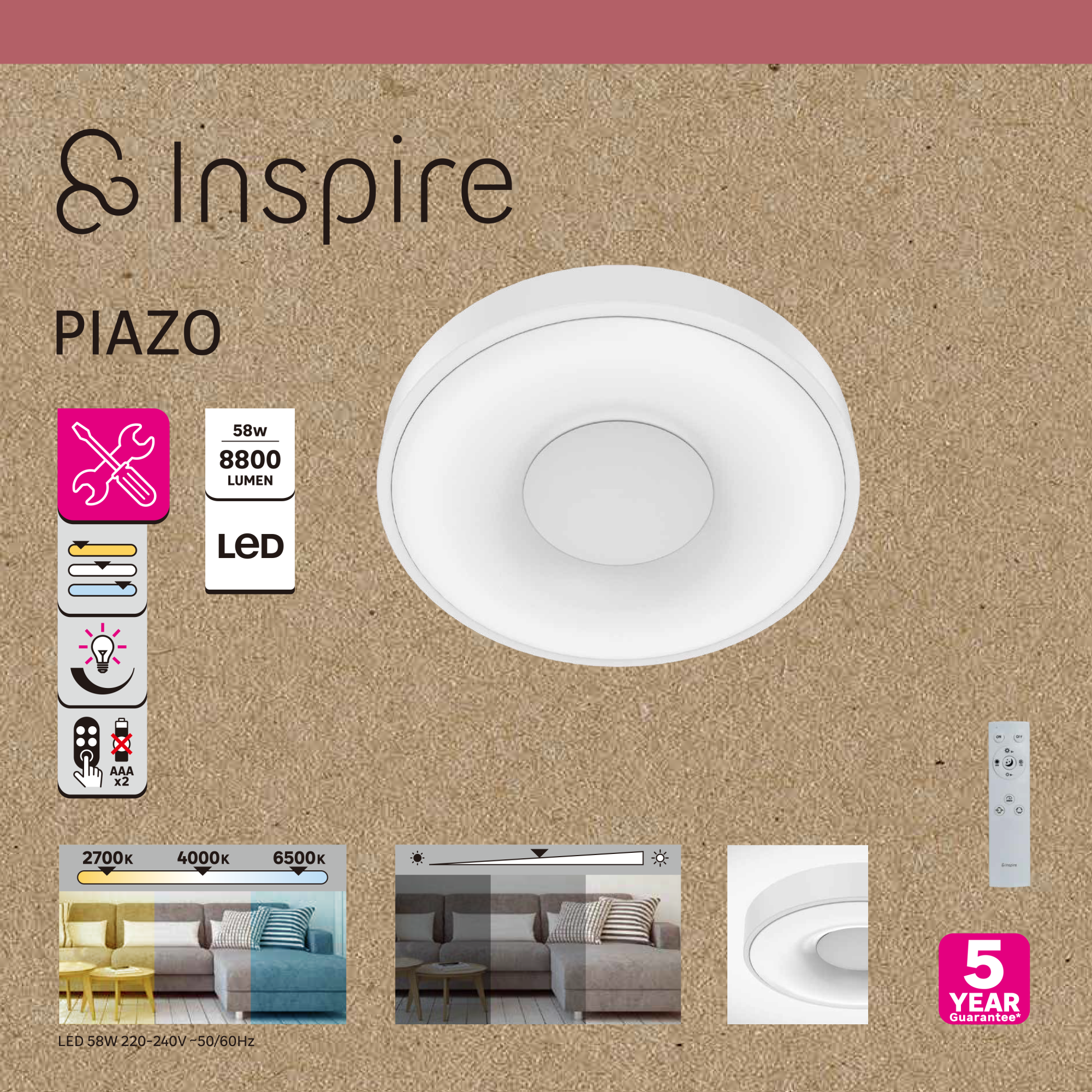 Plafoniera design LED Piazo, bianco Ø 48 cm, luce CCT, 3900 LM INSPIRE ...