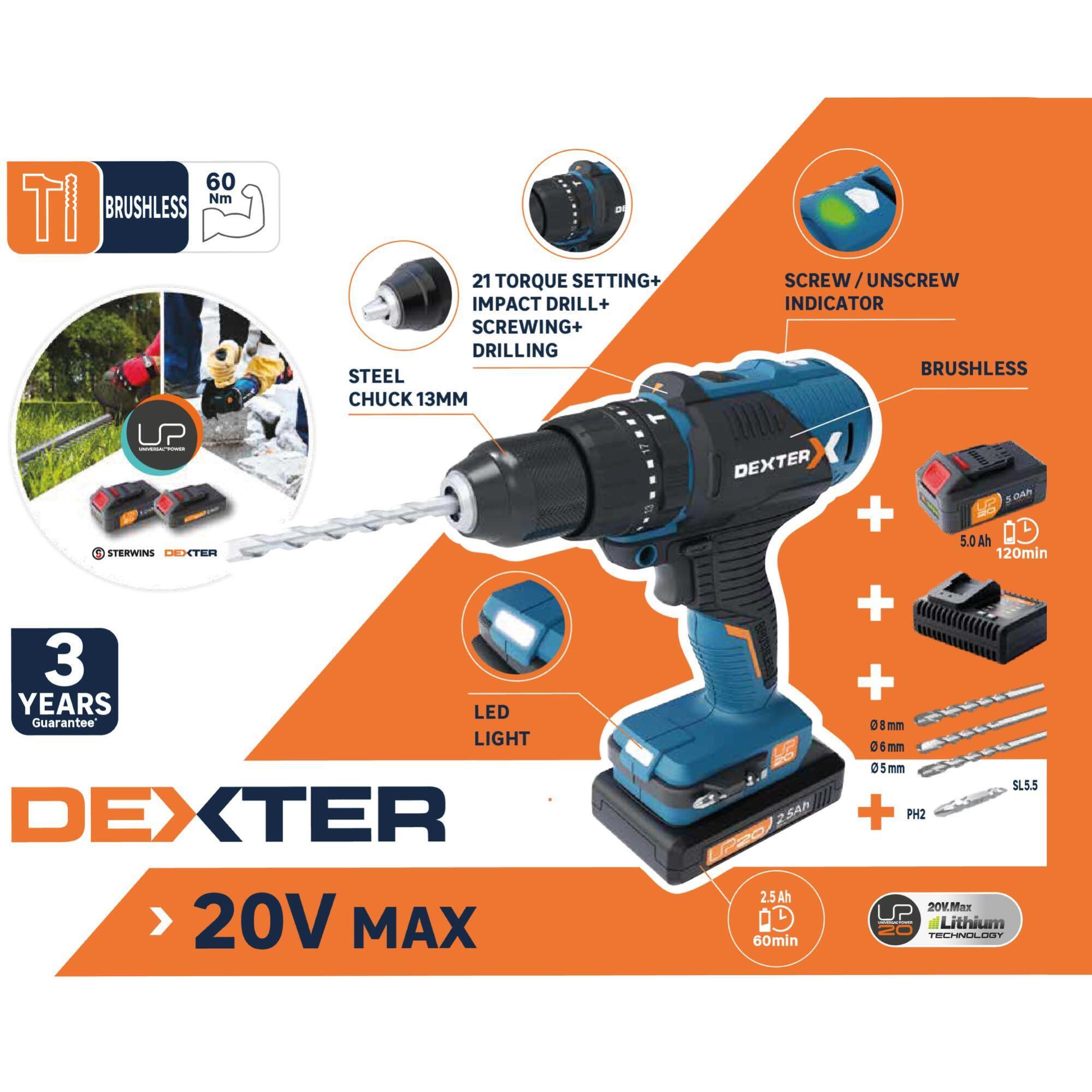 Trapano a batteria con percussione brushless DEXTER 20VID3-60BLA.11A 20 ...