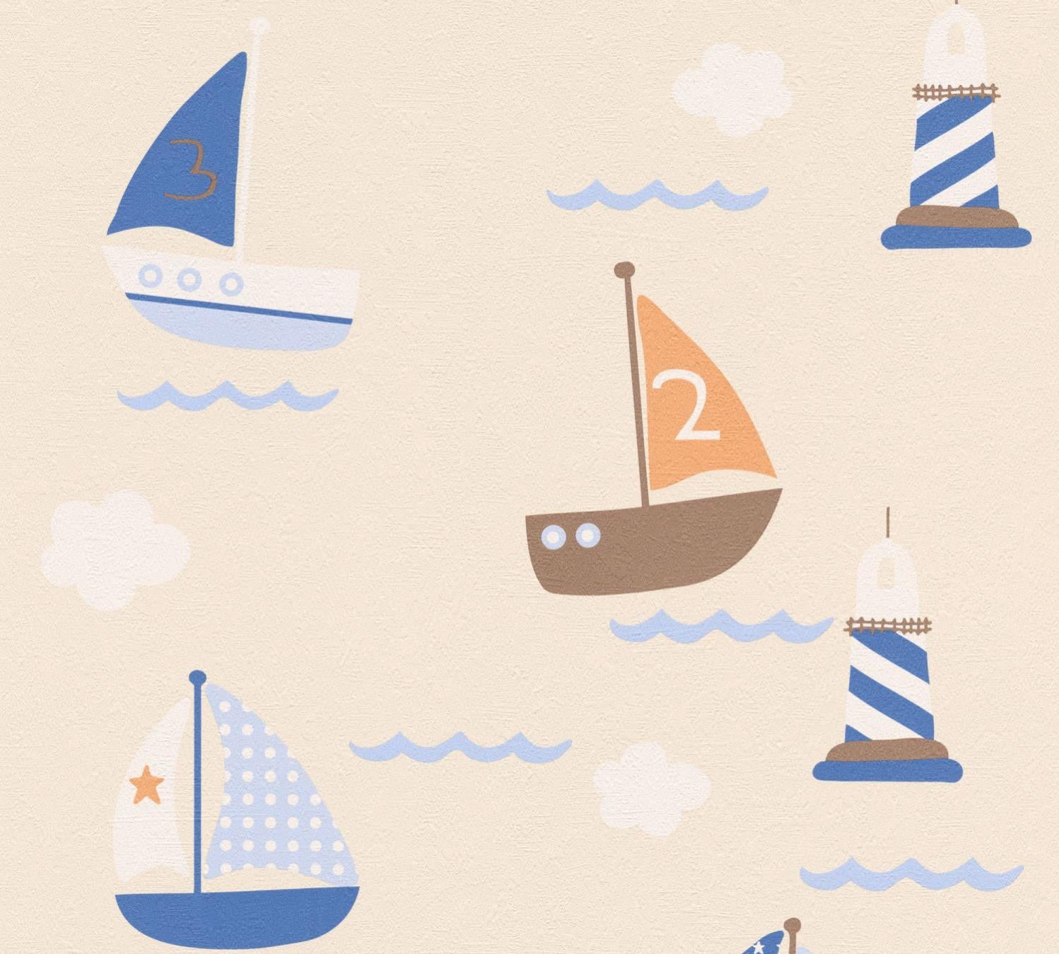 Carta da parati barche blu, beige e arancione - 53 cm x 10,05 m - A.S ...