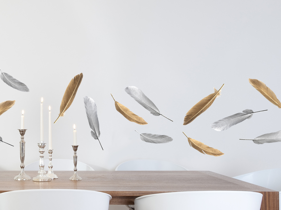 Stickers y vinilos decorativos infantiles, plumas doradas y plateadas ...