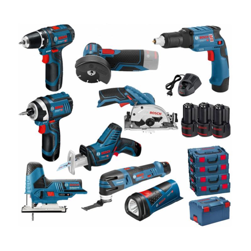 Pack BOSCH 12V 9 outils: GSR 12V-15 + GTB 12V-11 + GWS + GDR + GSK ...
