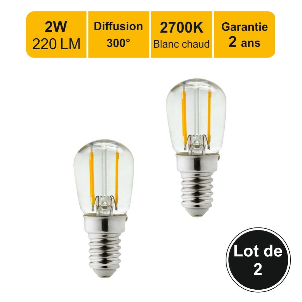 Lot de 2 ampoules LED filament E14 2W 220Lm 2700K - ST26 Frigo ...