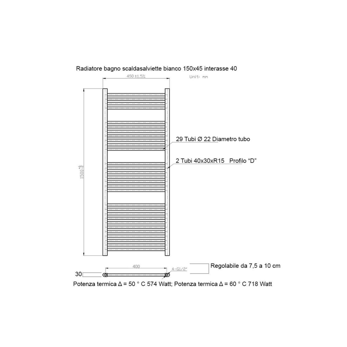 Radiatore termoarredo 150x45 bianco interasse 40 cm | Leroy Merlin