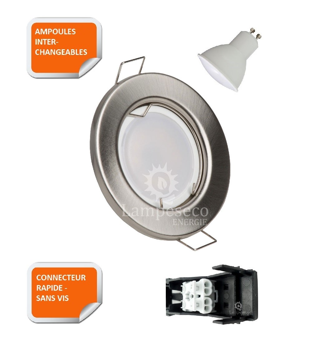 Lot De 10 Spot Led Encastrable Complète Ronde Fixe Alu Brossé Blanc
