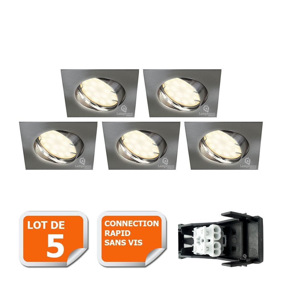 Lot De 5 Spot Encastrable Orientable Led Carré Alu Brossé Gu10 230v Eq