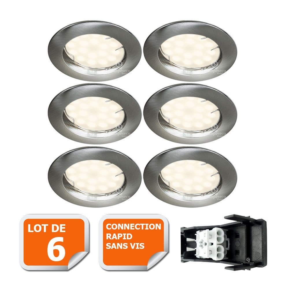 Lot De 6 Spot Led Encastrable Complète Ronde Fixe Alu Brossé Blanc