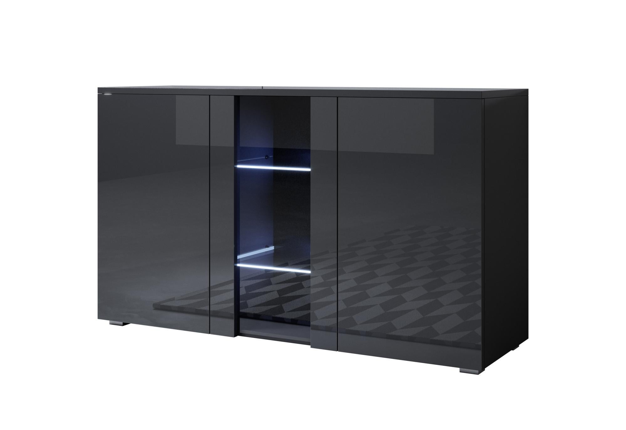 Credenza con piedini 2 ante 1 Vetrina - Nero Finitura lucida LED – 120 ...