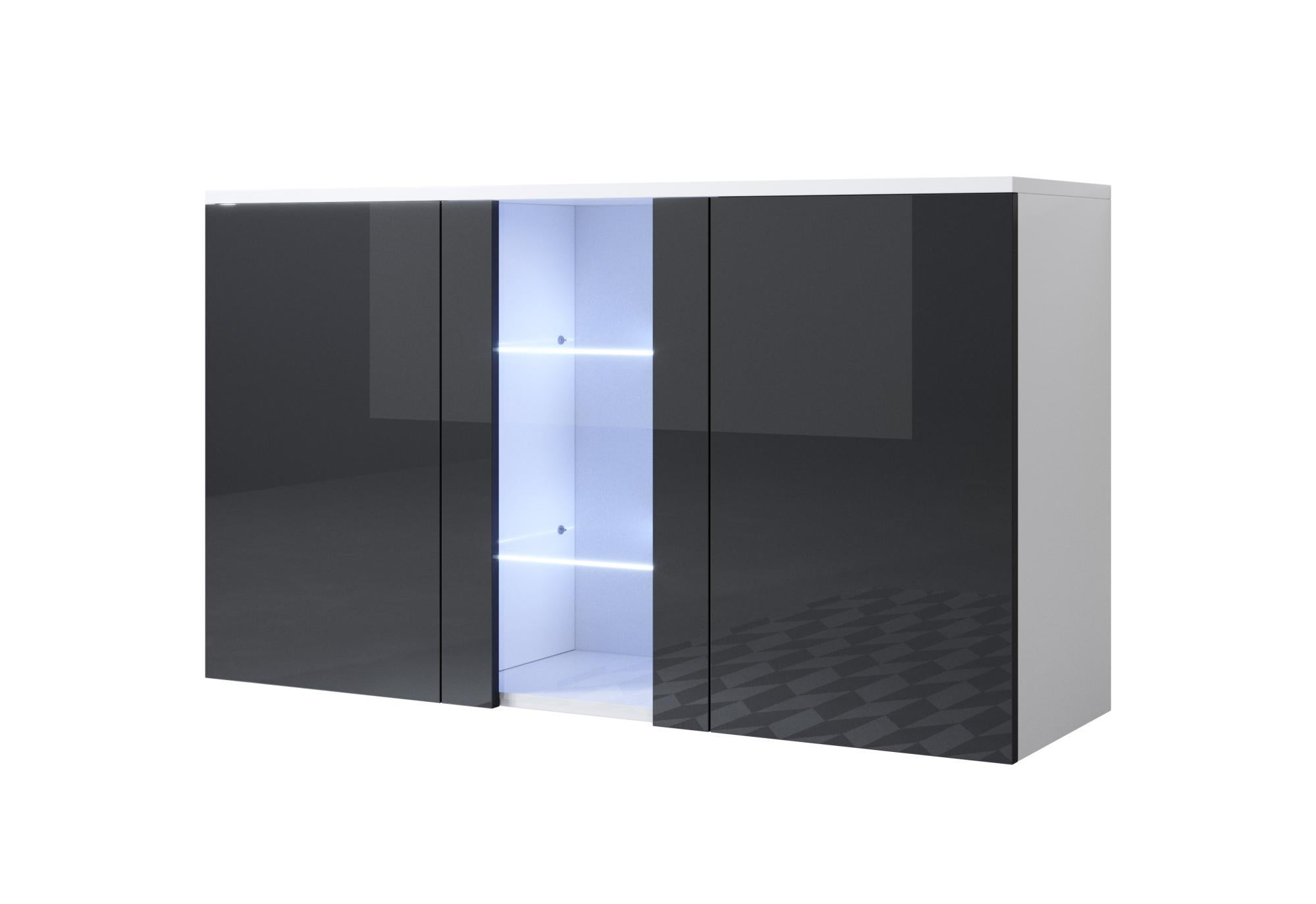 Credenza sospesa 2 ante 1 Vetrina - Bianco e Nero Finitura lucida LED ...