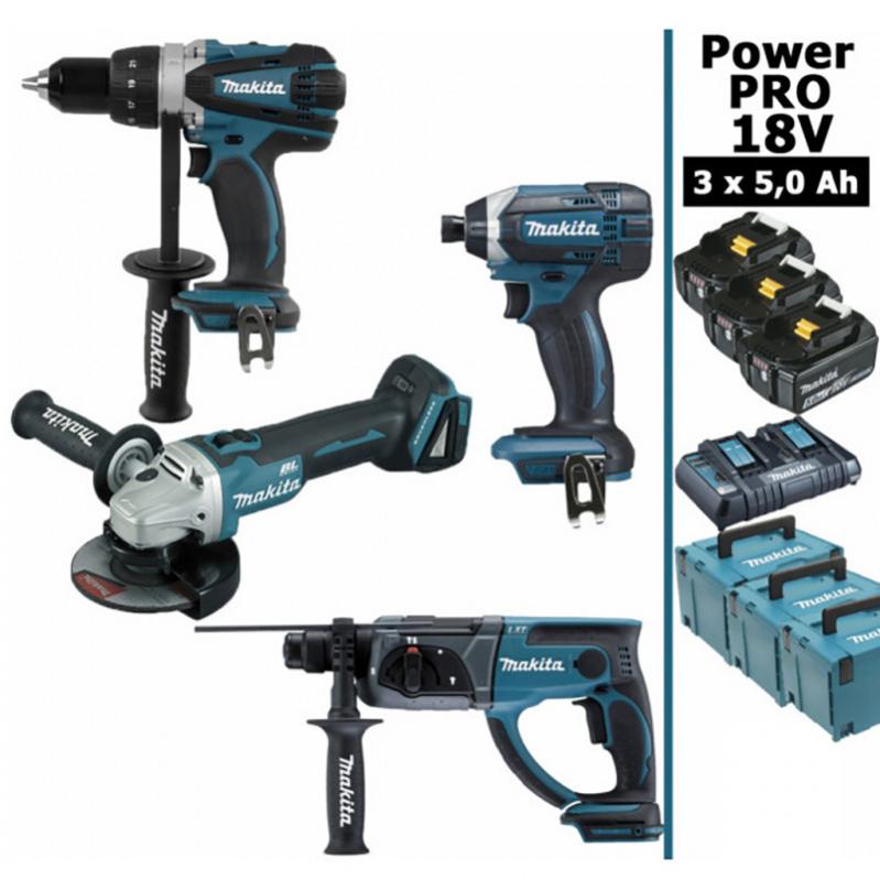 Pack Makita Power PRO 18V: DDF458 + DHR202 + DGA504 + DTD152 + 3 batt ...