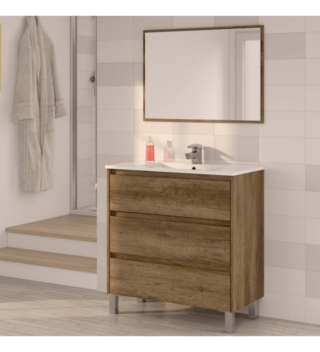 Meuble De Salle De Bain Avec 3 Tiroirs + Miroir Coloris Nordik - 80 X ... Meuble De Salle De Bain Avec 3 Tiroirs + Miroir Coloris Nordik - 80 X ...