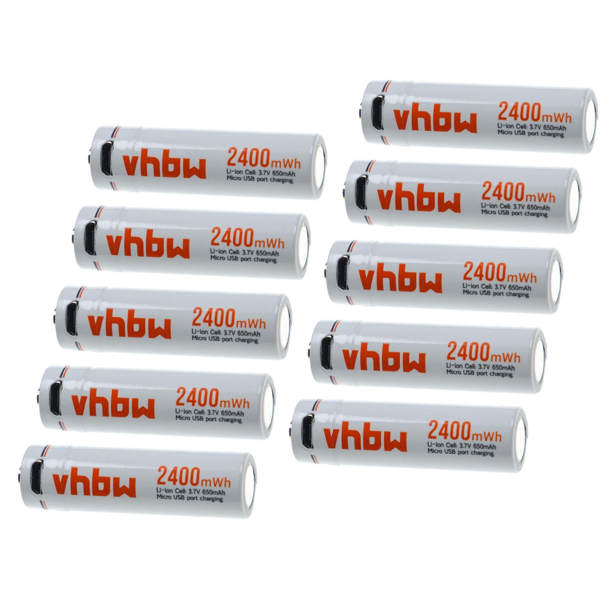 Vhbw 10x batteria AA stilo (mignon) con porta micro USB (650mAh, 3,7V ...